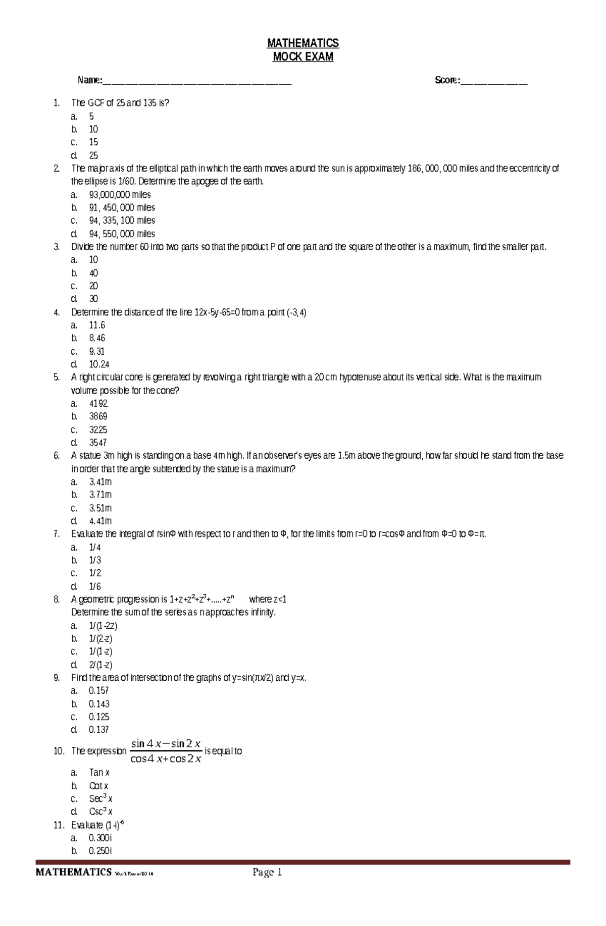 Mathematics - Mock Exam Questions and Answers - Studocu