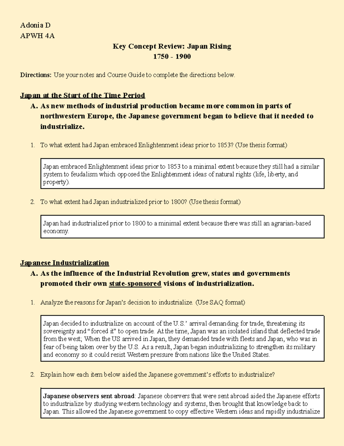 APWH 4A Key Concept Review: Japan's Industrialization 1750-1900 - Studocu