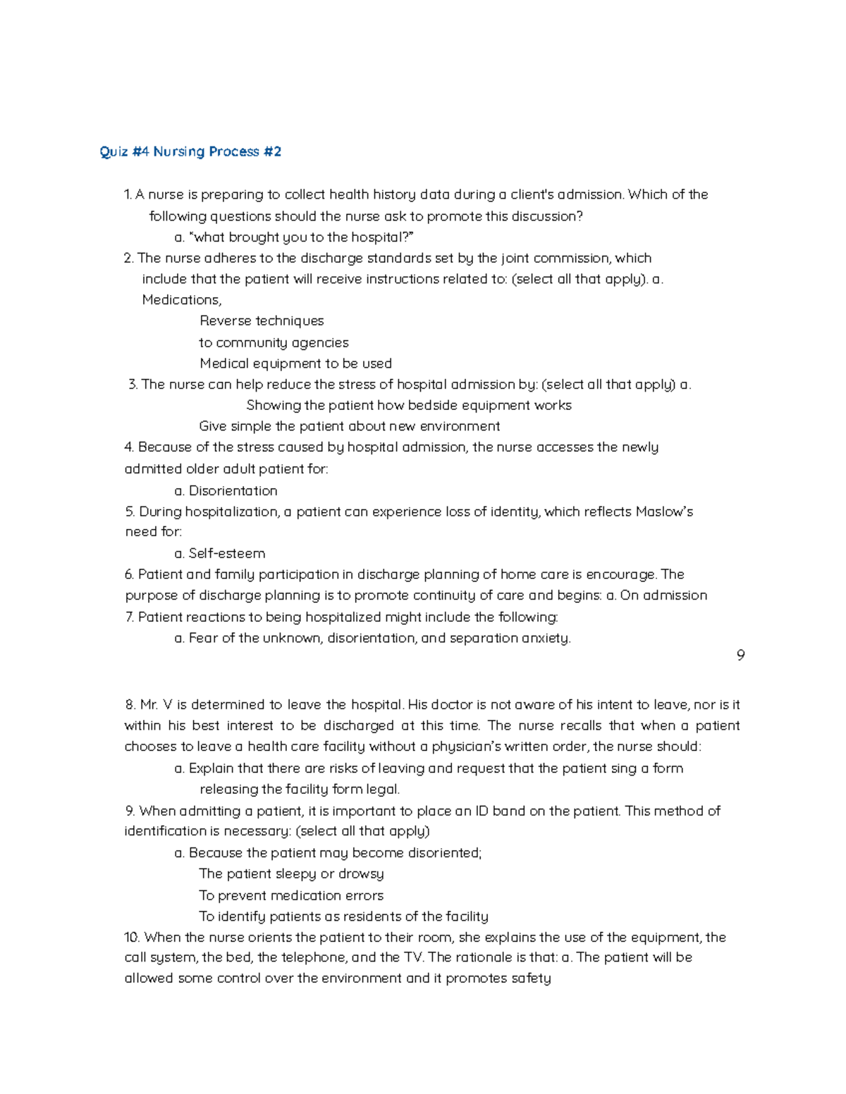 Quiz #4: Nursing Process & Patient Admission Considerations - Studocu