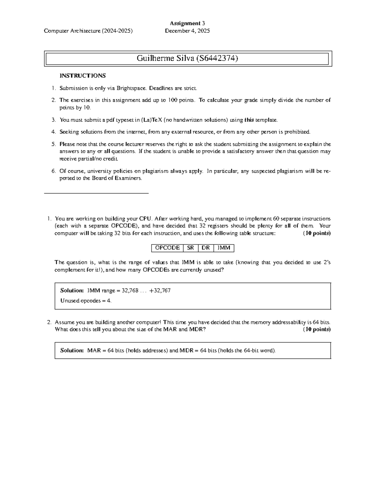 Computer Architecture Assignment 3 Instructions & Solutions (S6442374) - Studeersnel