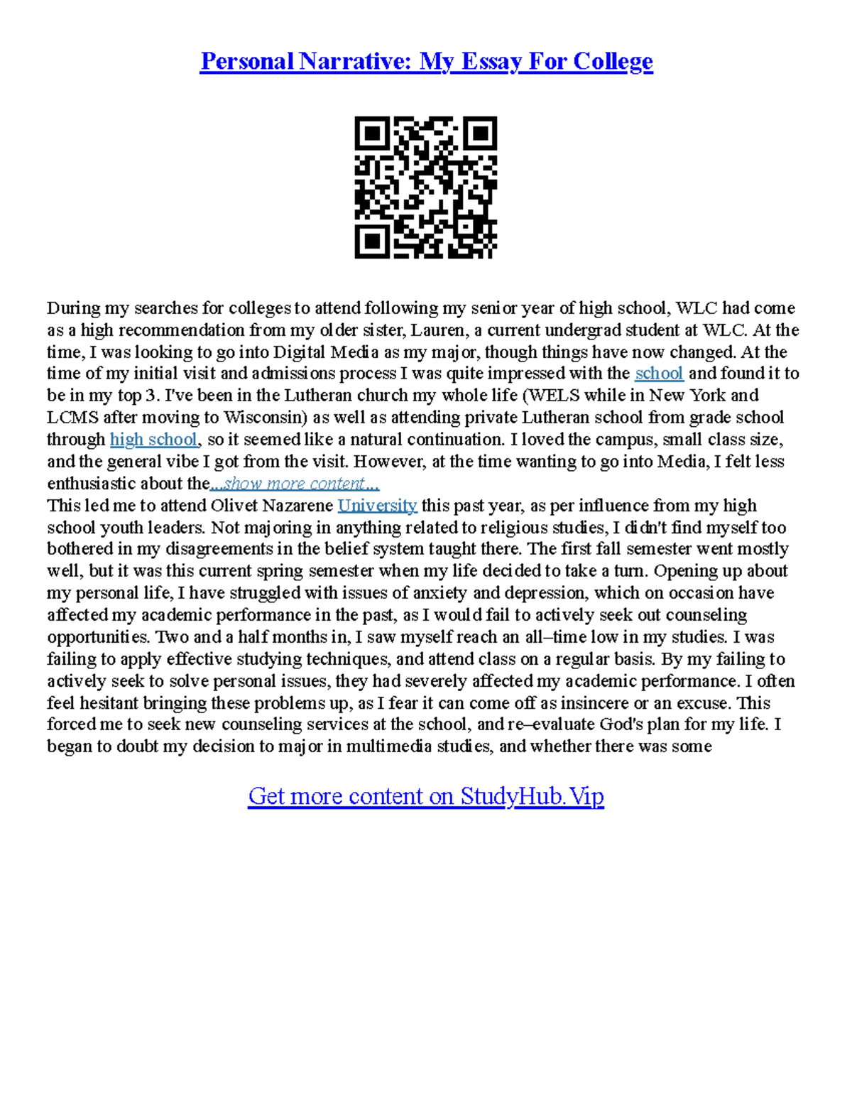 Personal Narrative Essay Examples for College Admissions - Studocu