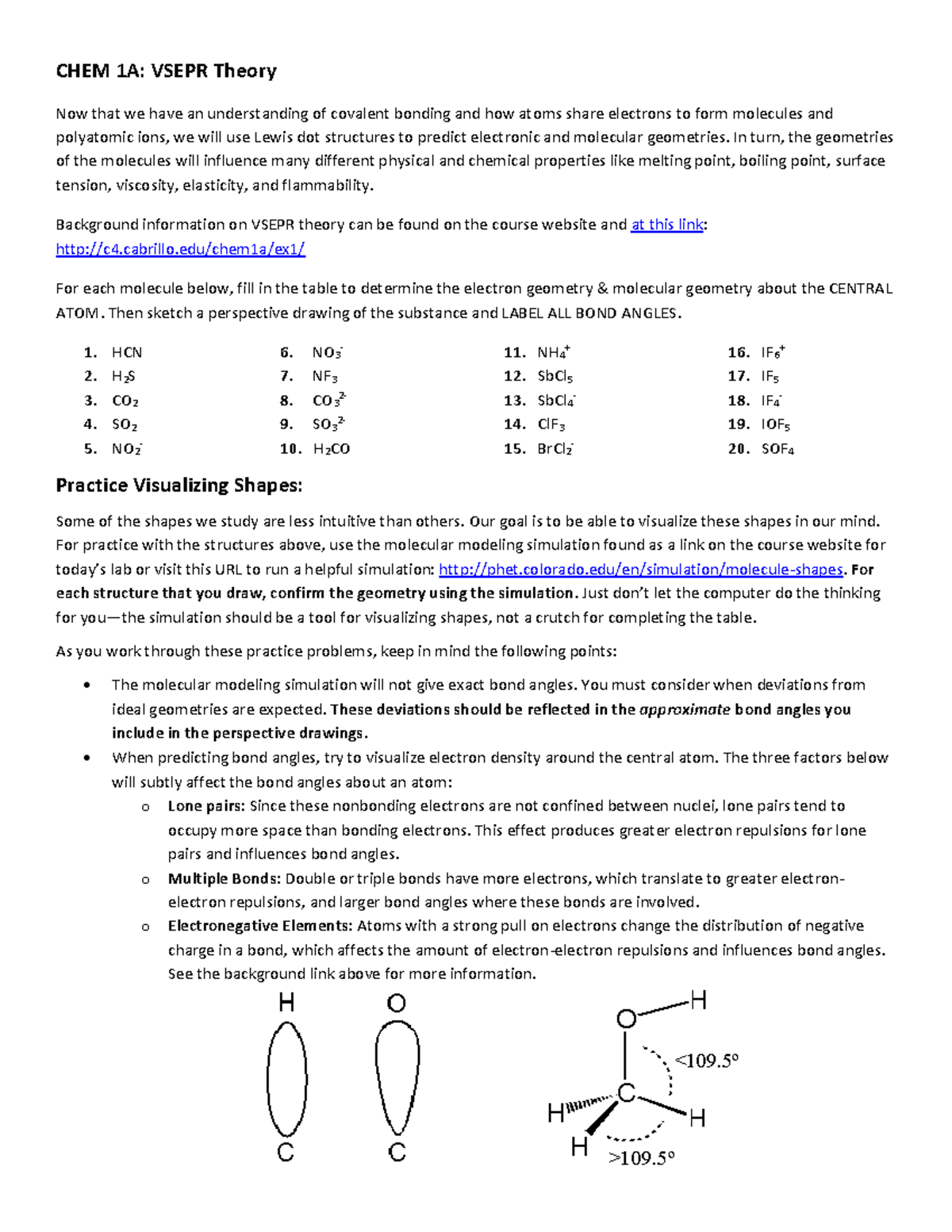 CHEM 1A VSEPR Practice Answer Key & Molecule Geometry Guide - Studocu