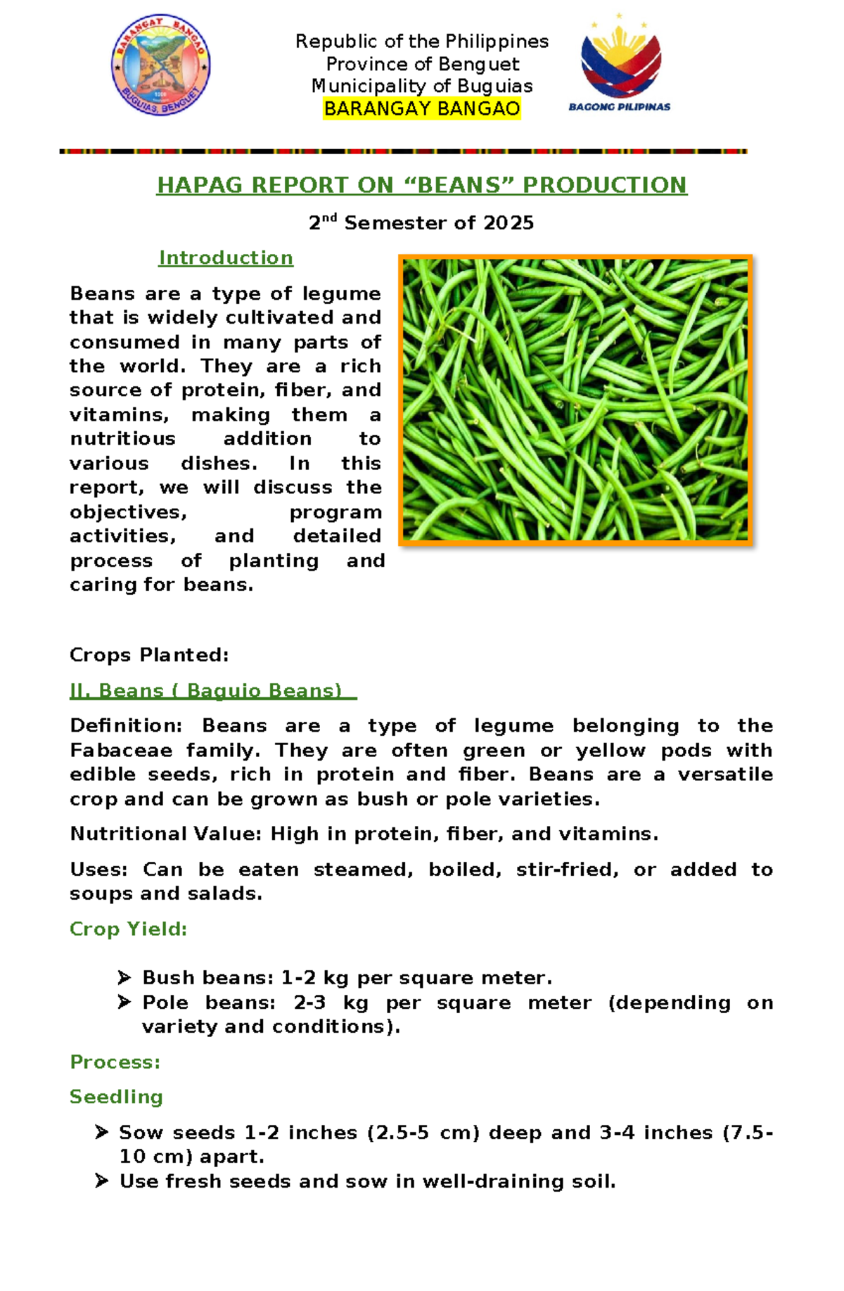 Hapag Report on Bean Production - 2nd Sem 2025 - Studocu
