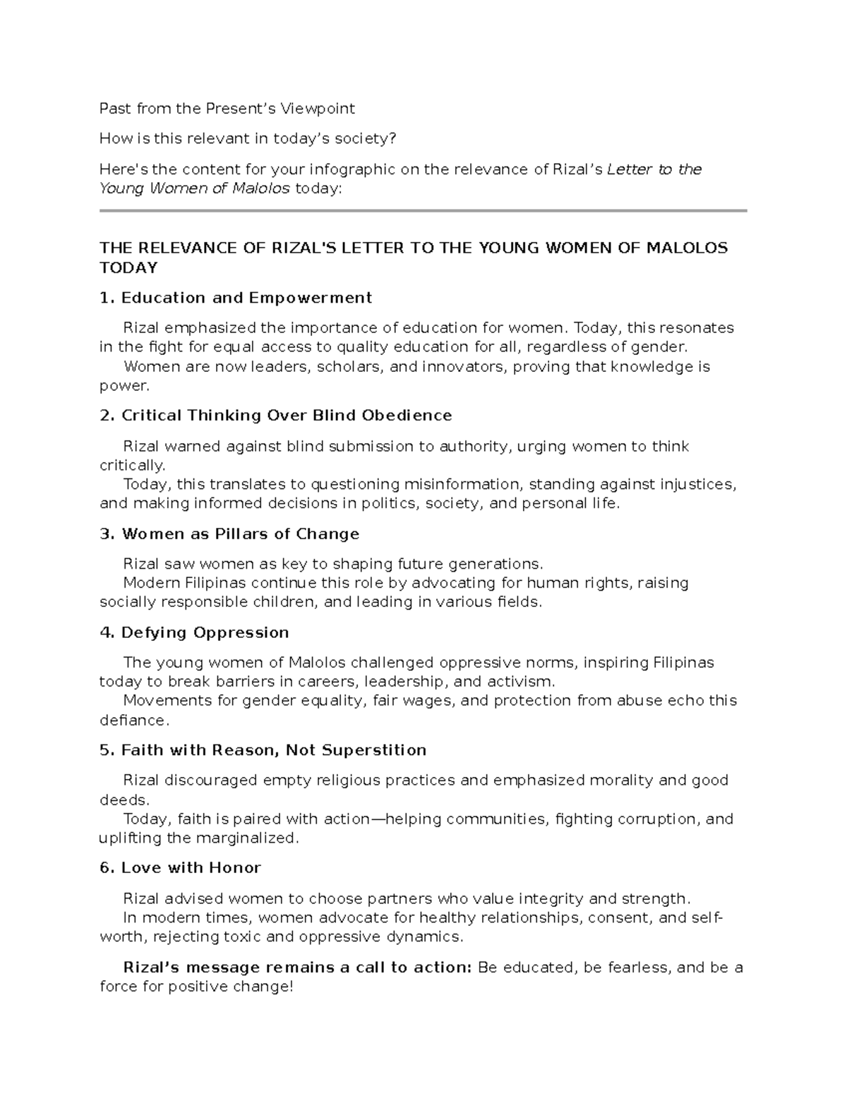 The Relevance of Rizal's Letter to Young Women (ENG 101) Today - Studocu