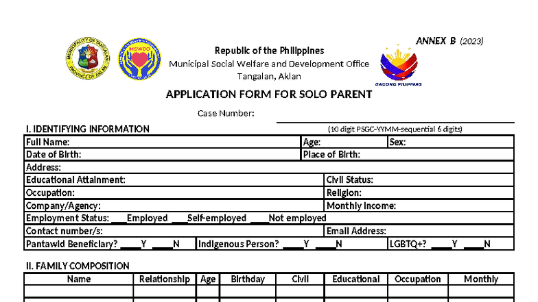 Solo Parent Application Form - Municipal Social Welfare Office - Studocu