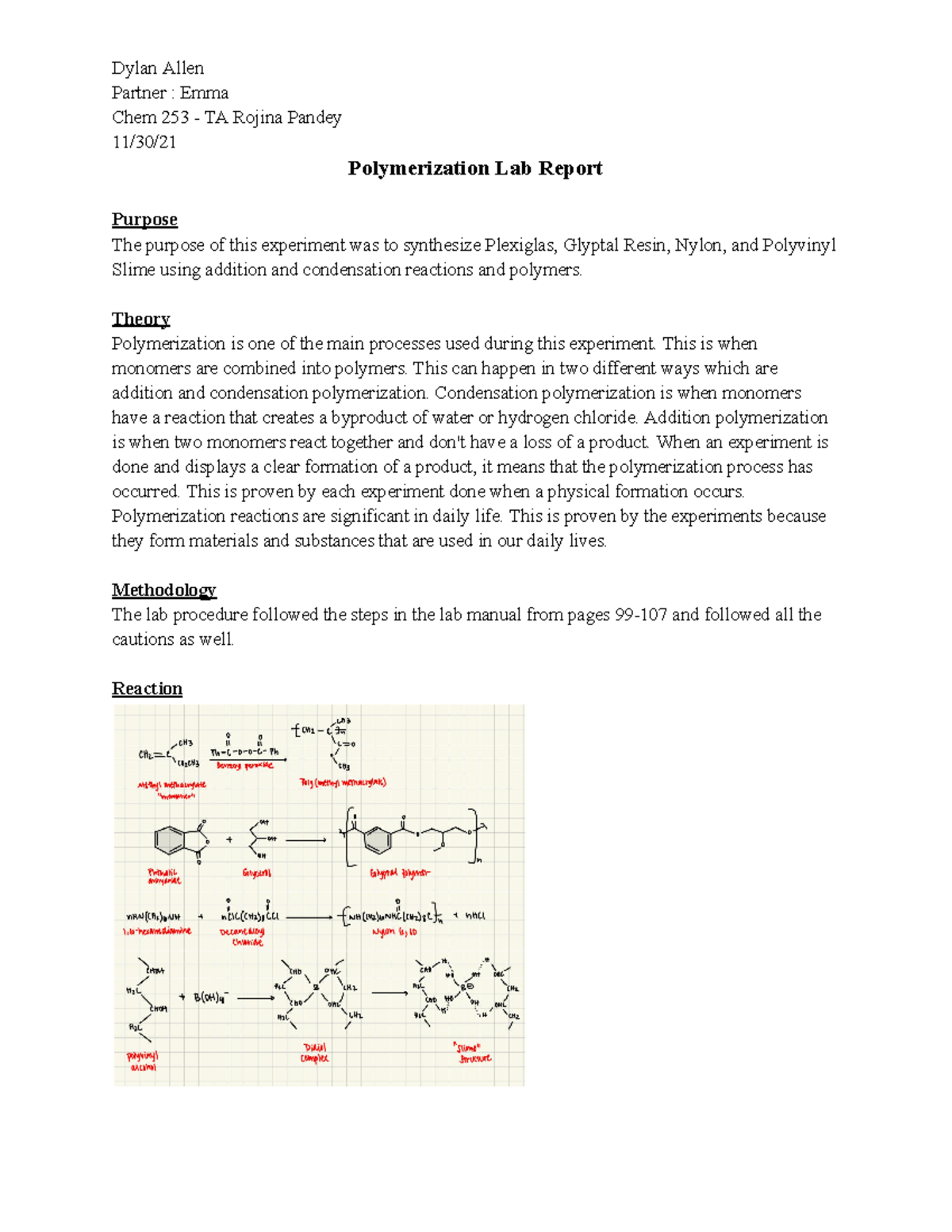 Chem 253 - Polymerization Lab Report: Synthesis of Various Polymers - Studocu