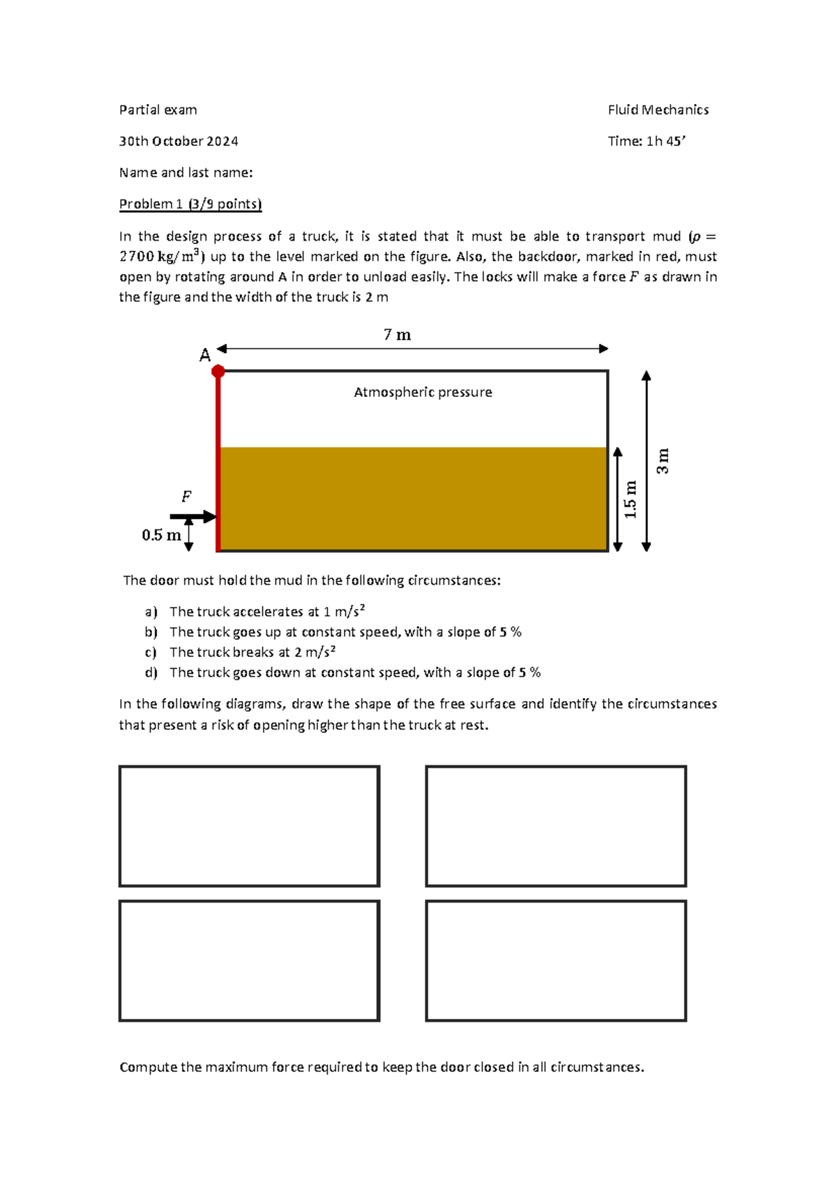 Partial Exam Fluid Mechanics 1 - 30th Oct 2024 - Studocu