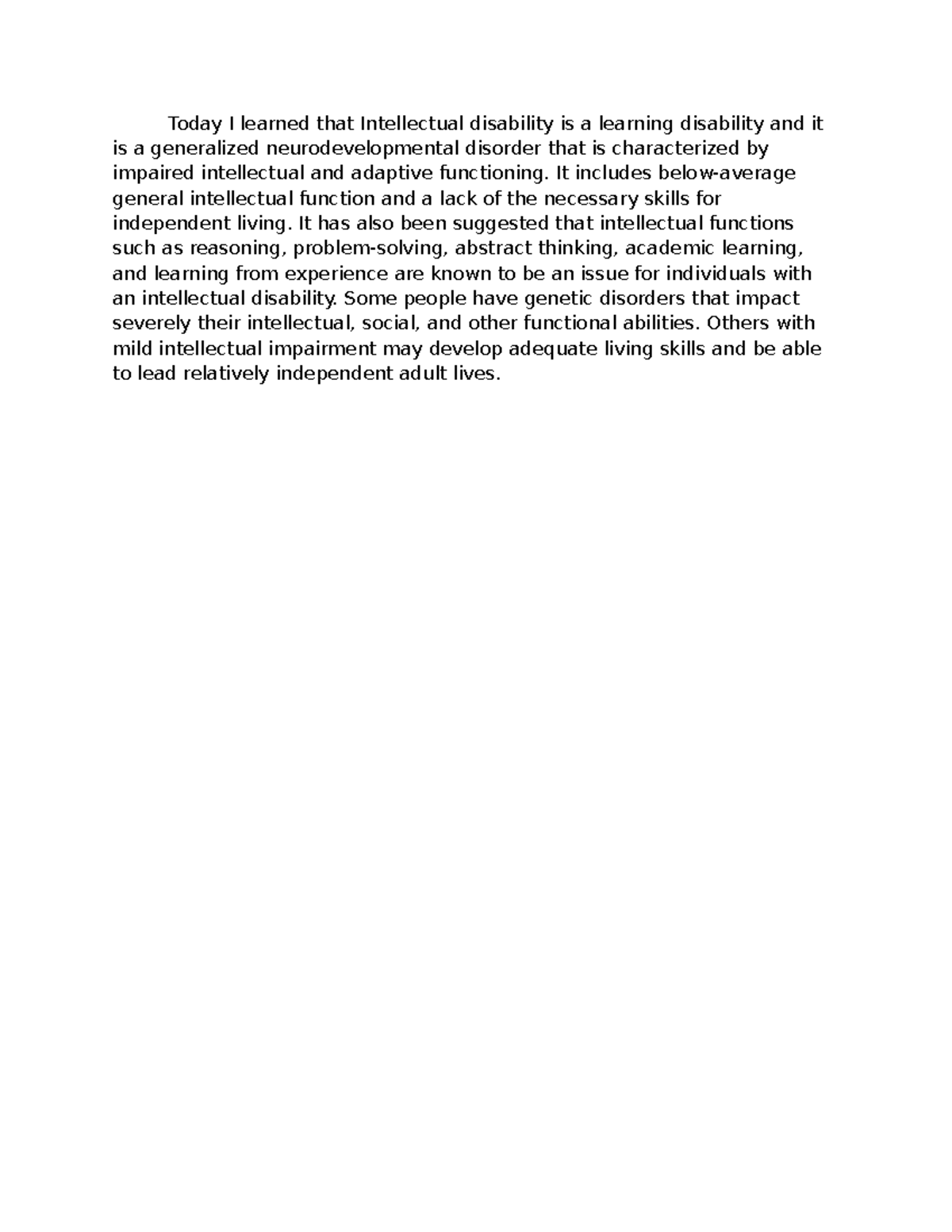 Learning task 2 reflection on intellectual disability and its impacts ...
