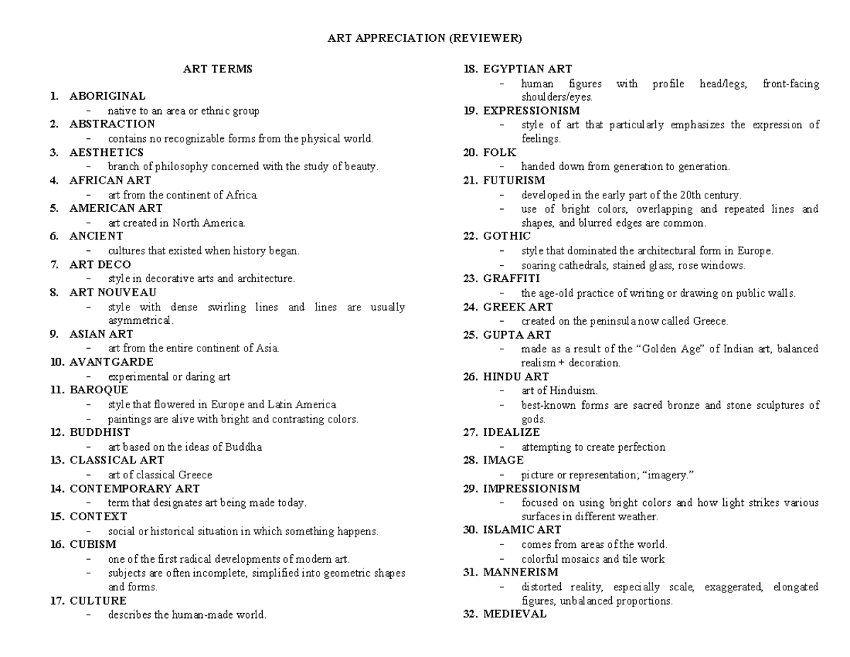 ART APPRECIATION (REVIEWER): KEY ART TERMS AND CONCEPTS - Studocu