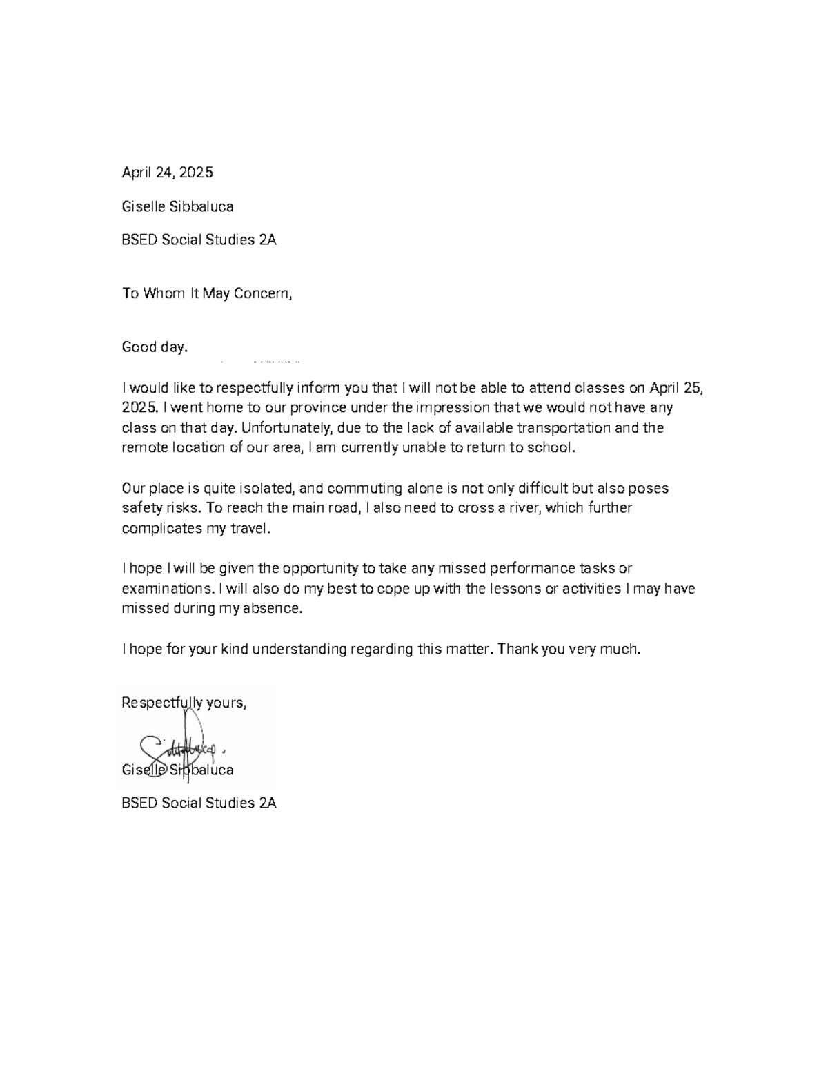 Excuse Letter for Absence - BSED Social Studies 2A - Studocu