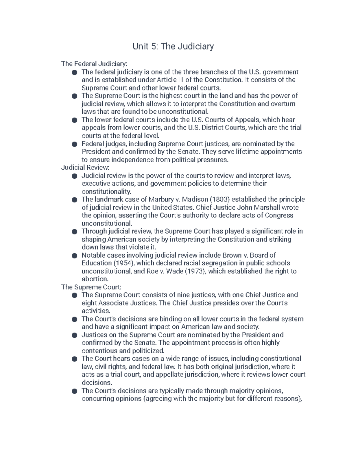 AP Gov Unit 5 - Judiciary Class Notes and Key Concepts - Studocu