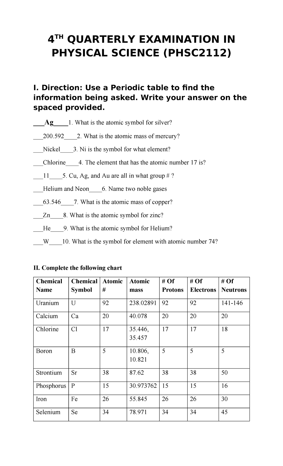 4th quarterly exam in physical science (PHSC2112) review notes - Studocu