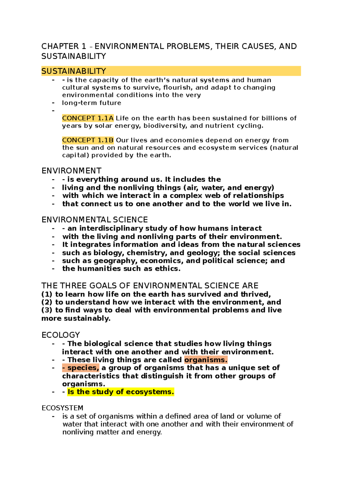 Chapter 1 Notes: Environmental Issues, Causes, and Sustainability - Studocu