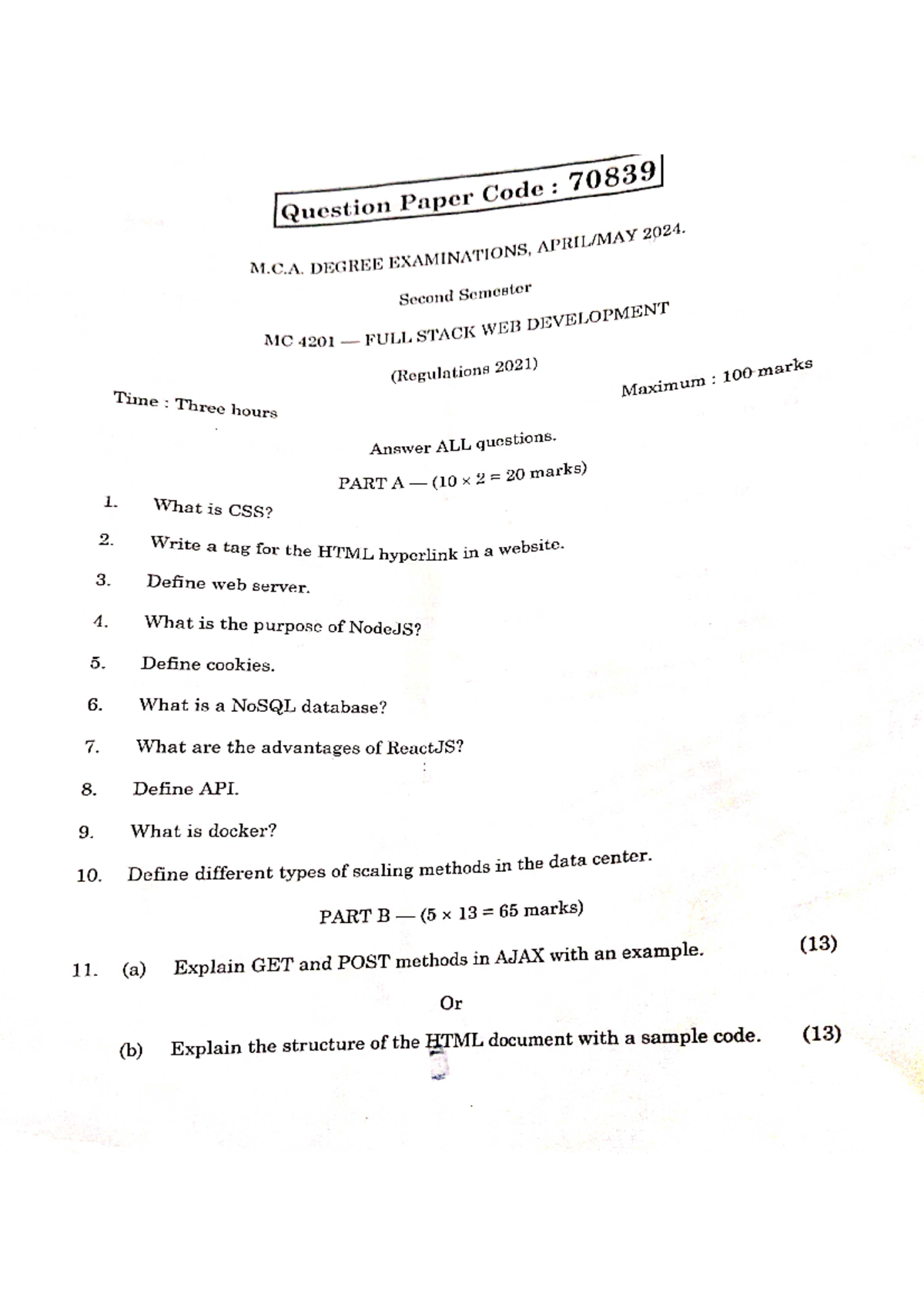 MC4201 Full Stack Web Development May 2024 Exam Question Paper - Studocu