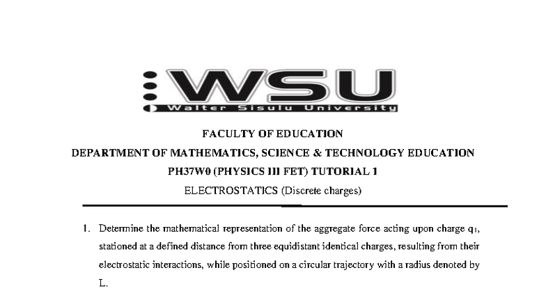 Electrostatics and Electric Potential: PH37W0 Tutorial Notes - Studocu