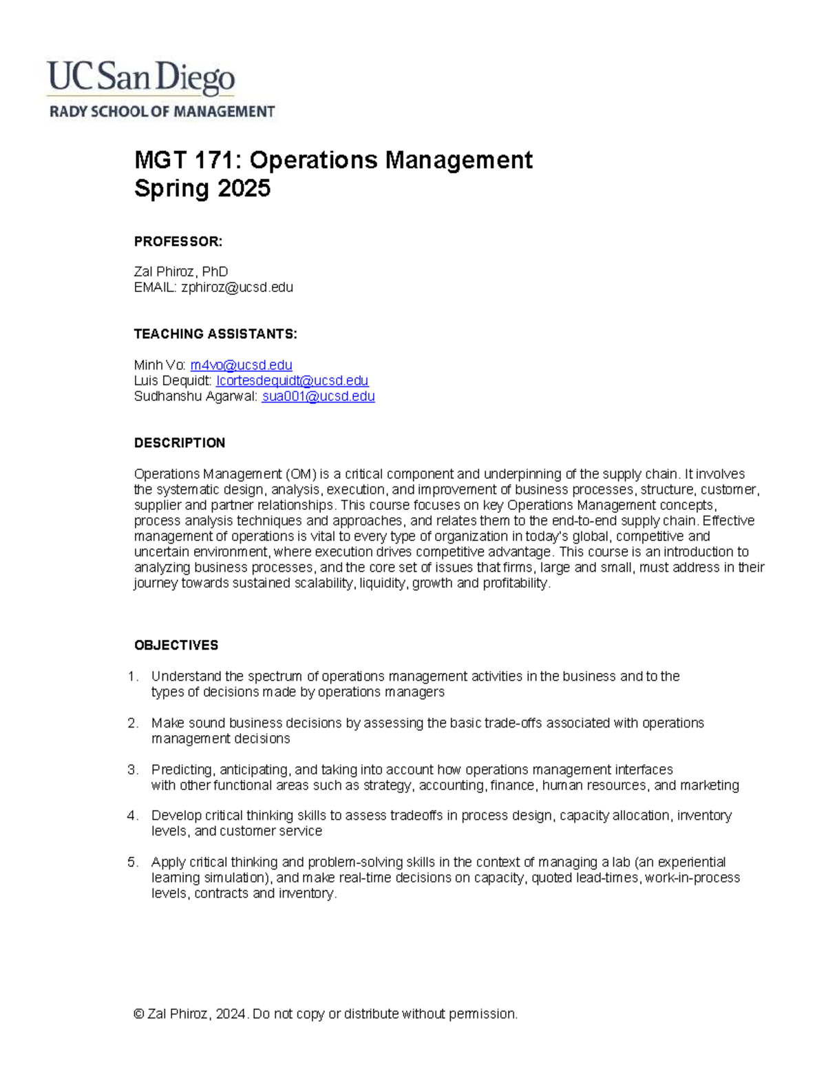 UCSD MGT 171 Updated Syllabus - S25-1 - MGT 171: Operations Management ...