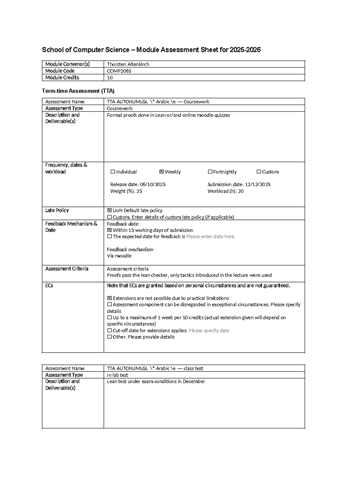 COMP2065 Assessment Sheet: TTA AUTONUMLGL Arabic Coursework & Test ...