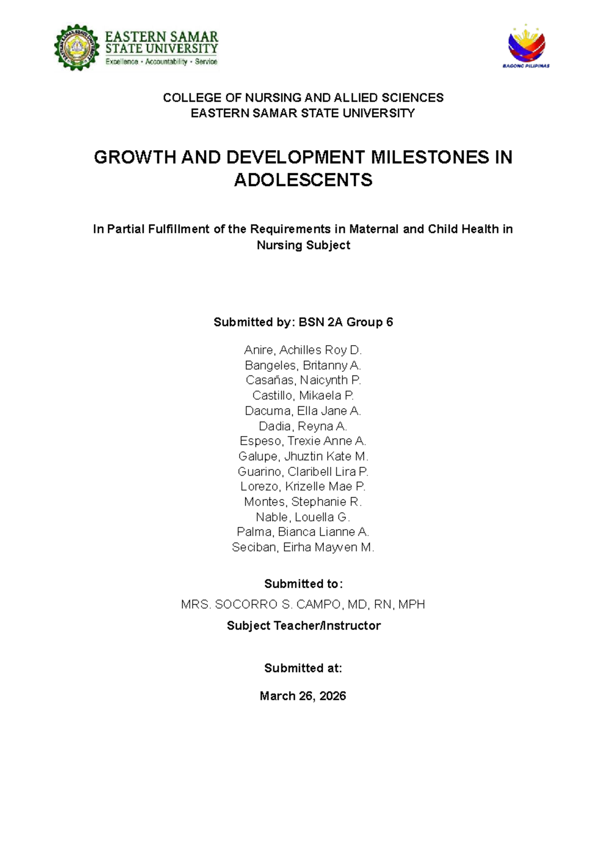 Growth and Development Milestones in Adolescents - MCH Nursing BSN 2A ...