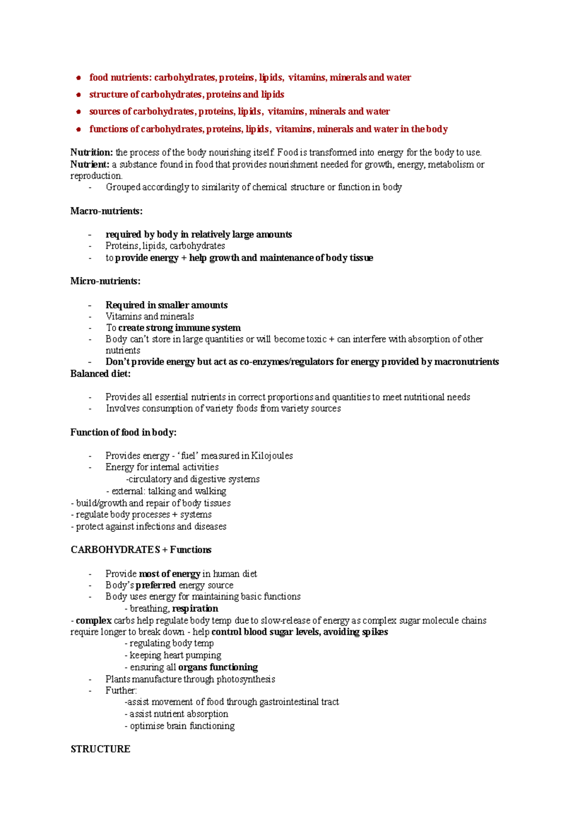 FDT Year 11 Prelim: Comprehensive Overview of Nutrients - Studocu