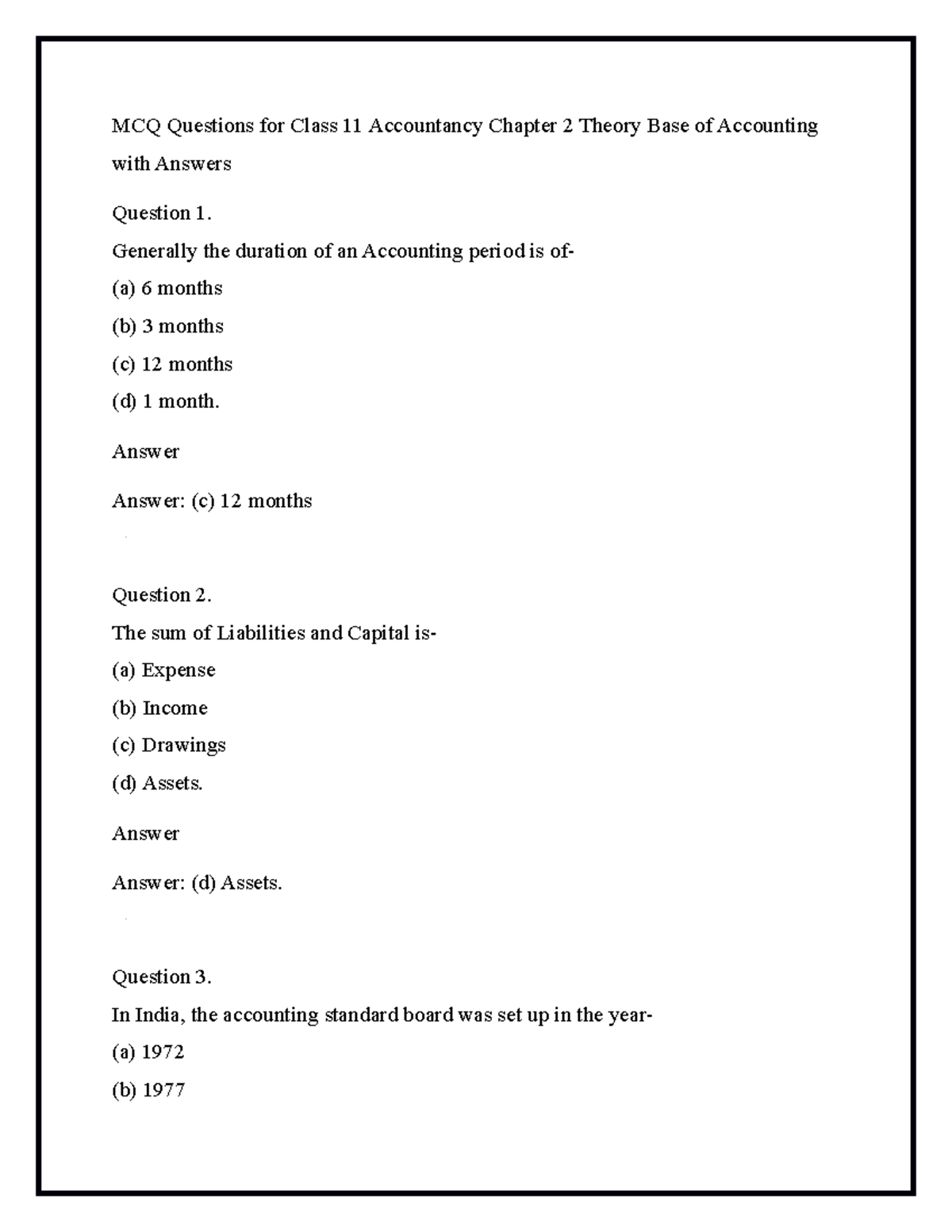 MCQ Questions for Class 11 Accountancy Chapter 2 Theory Base of Accounting with Answers ...