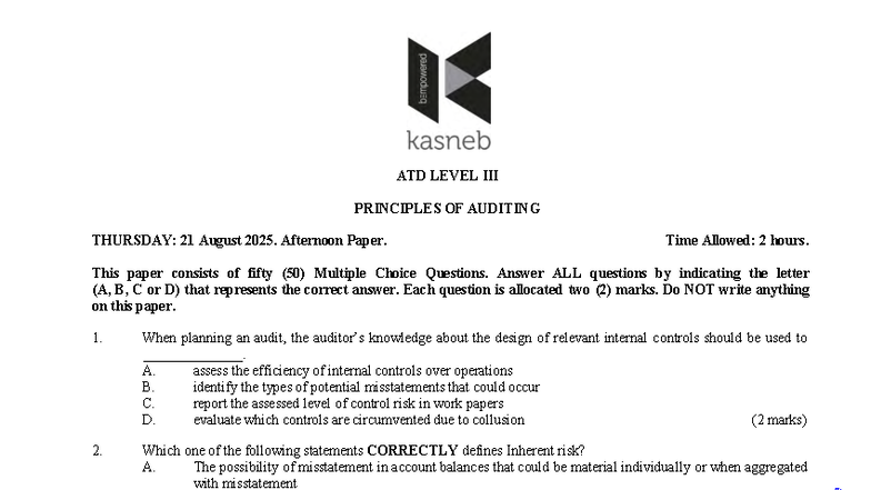 ATD LEVEL PRINCIPLES OF AUDITING PAST PAPERS: MULTIPLE CHOICE QUESTIONS - Studocu