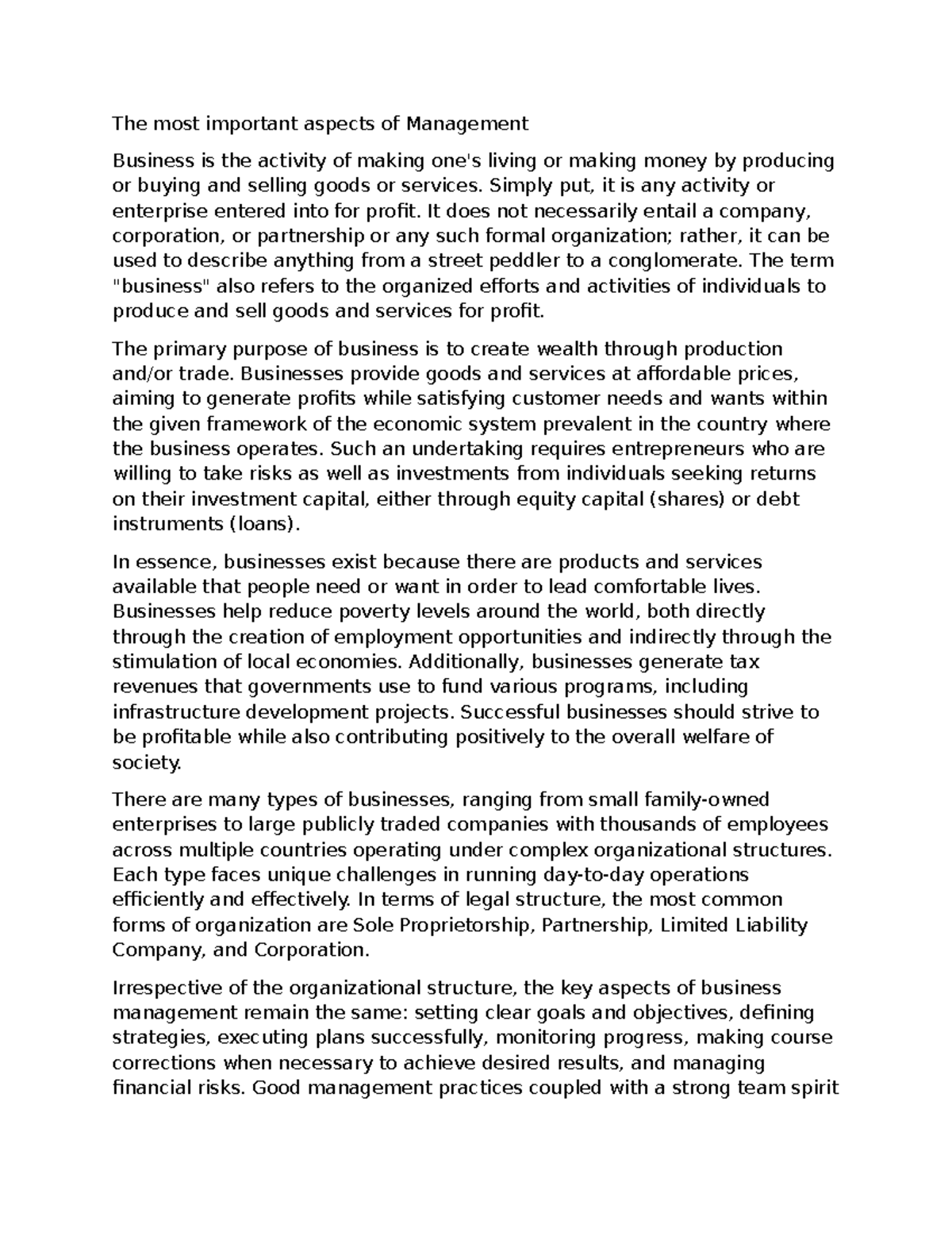 Essay 1 - notes - The most important aspects of Management Business is ...