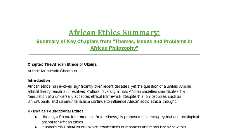 African Ethics Summaries: Key Concepts and Theories Overview - Studocu