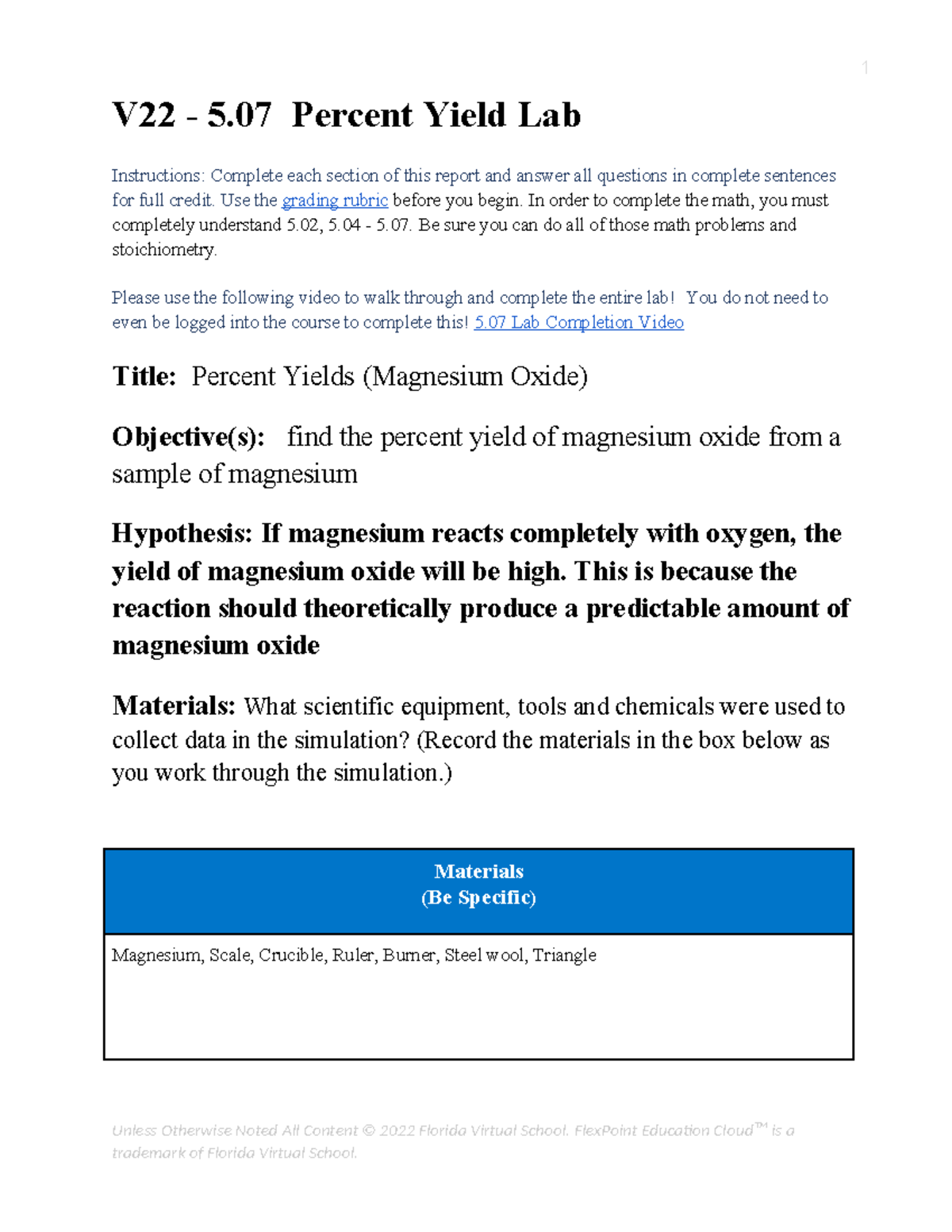 5.07 Percent Yield Lab Report: Magnesium Oxide Experiment Analysis ...