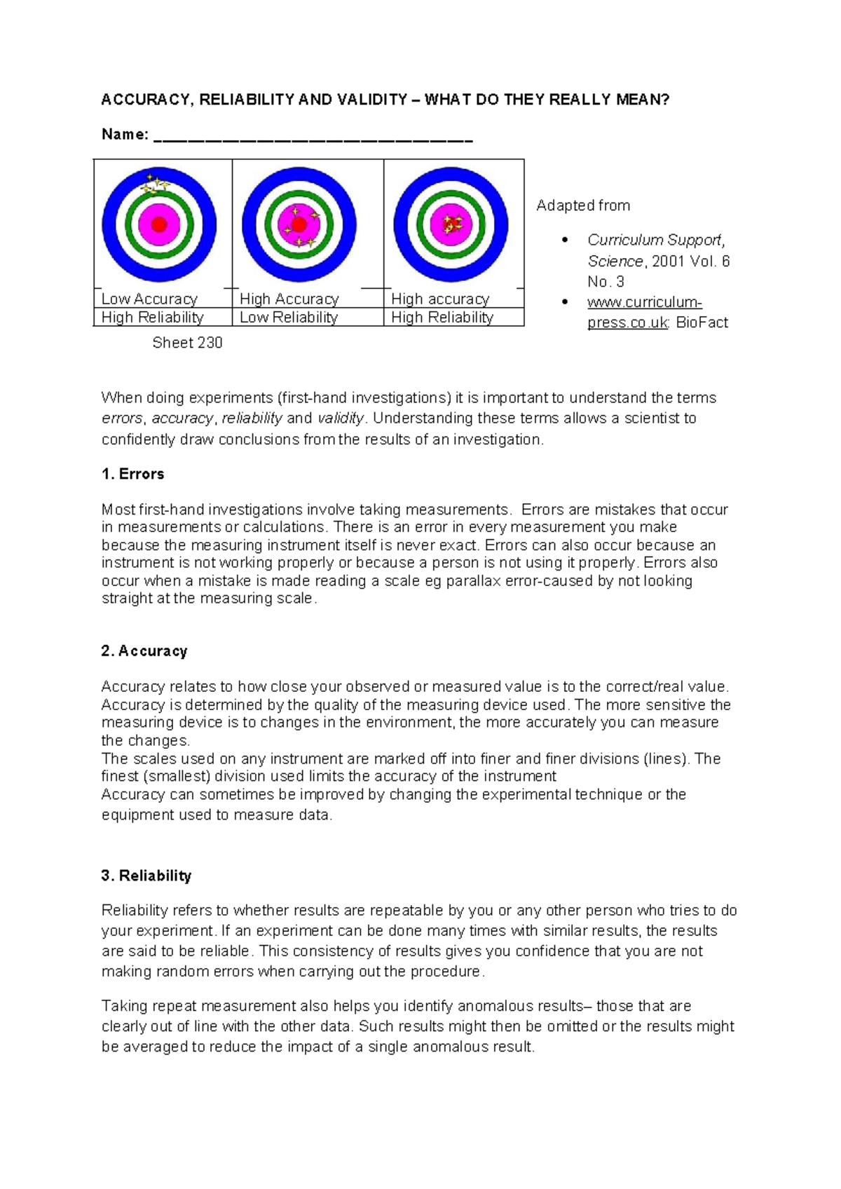 Reliability, Accuracy, and Validity in Experiments (Worksheet) - Studocu