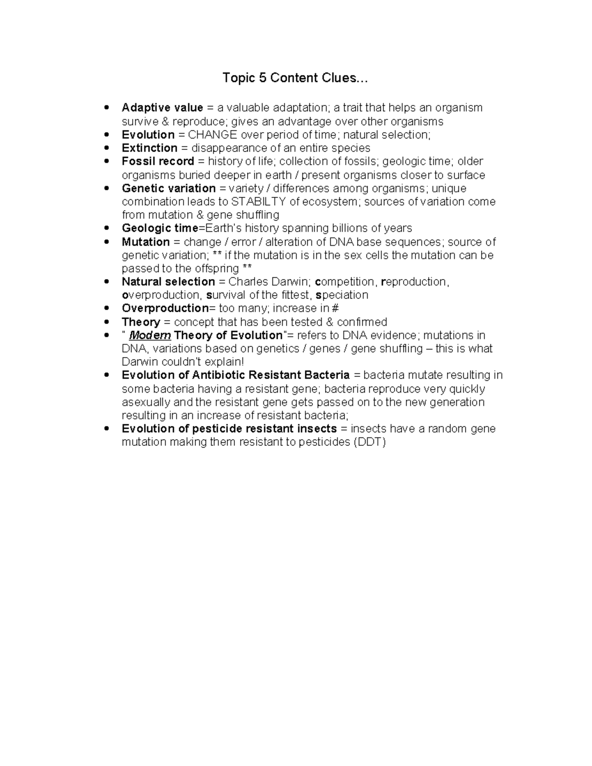Topic 5: Evolution and Natural Selection Vocabulary Notes - Studocu