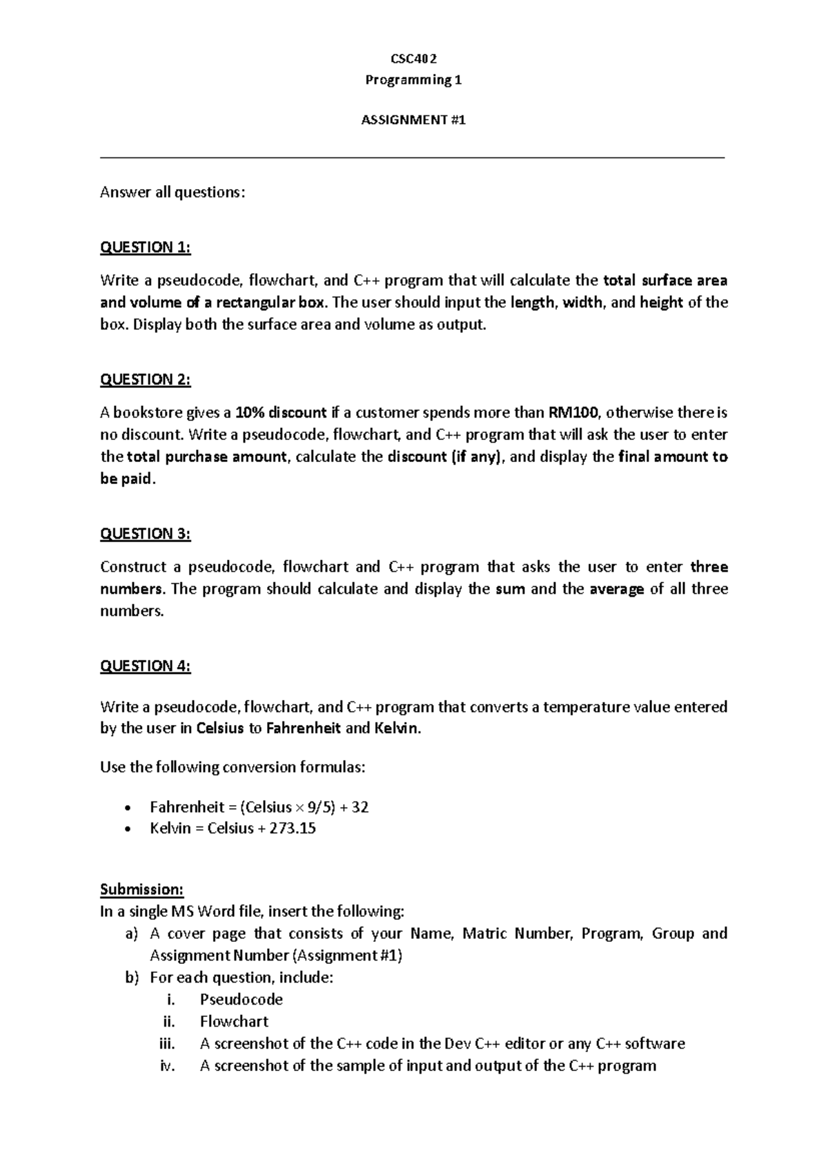 CSC402 Programming 1 Assignment #1: Pseudocode & Flowcharts - Studocu