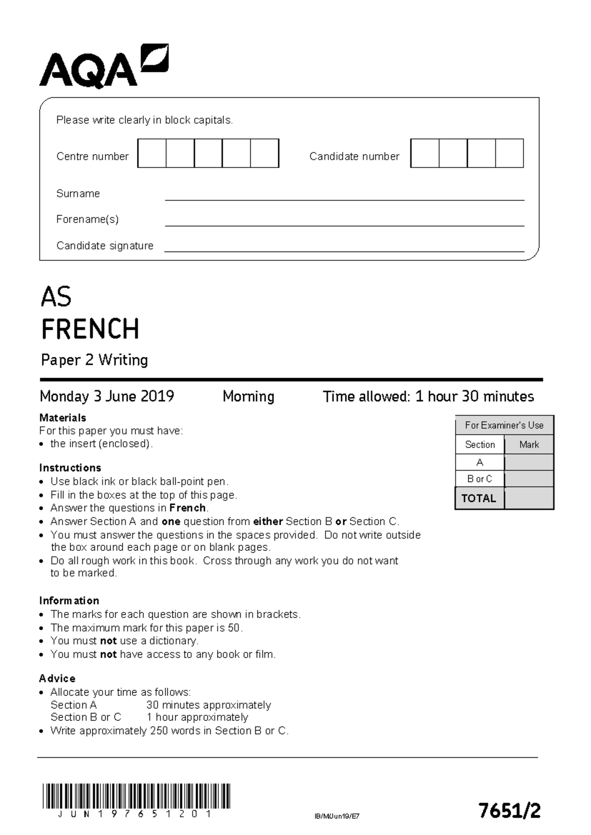 AQA 76512 AS French Paper 2 Writing Exam June 2019 - Studocu