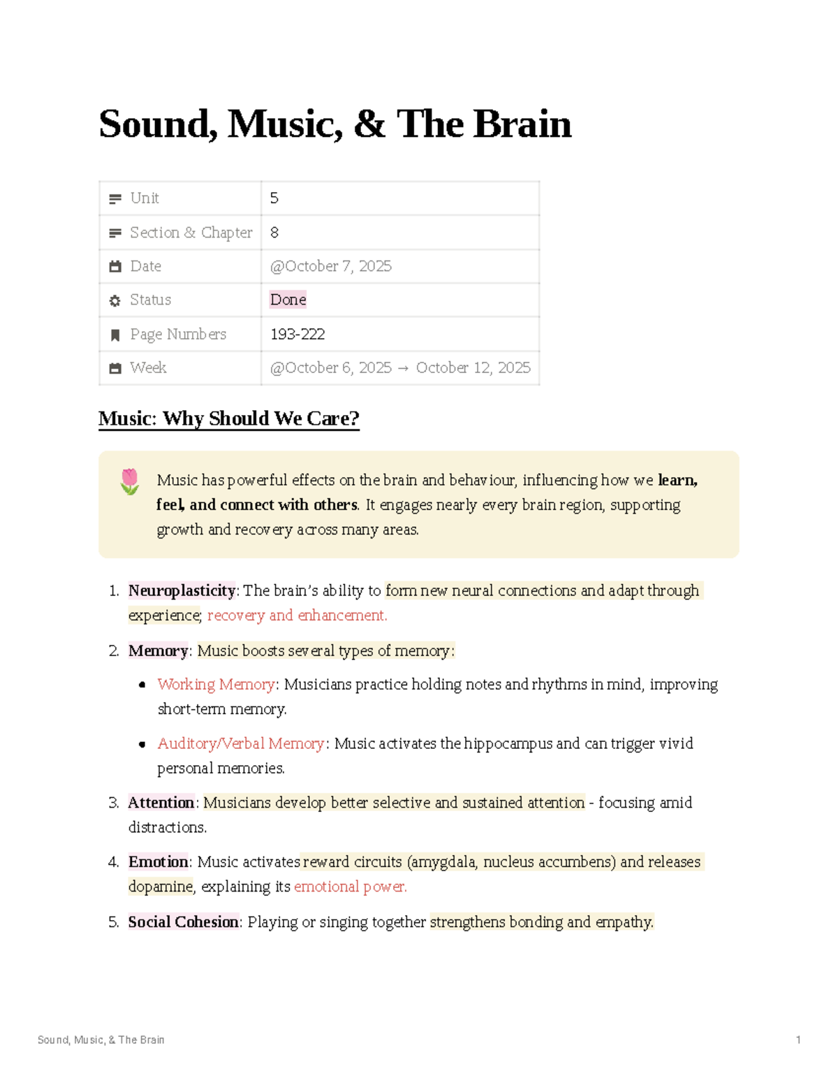 Unit 5 - Sound, Music & The Brain Overview - PSYC3270 - Studocu