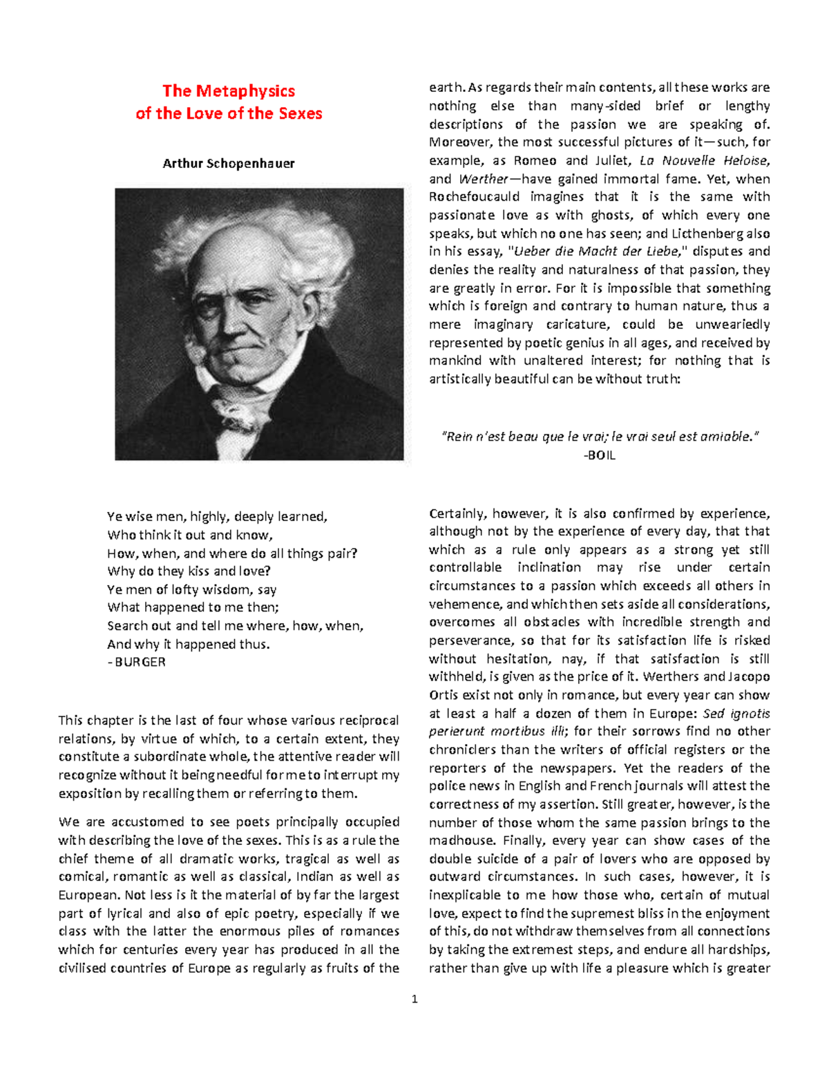 Schopenhauer - Metaphysics of Love Between the Sexes Analysis - Studocu