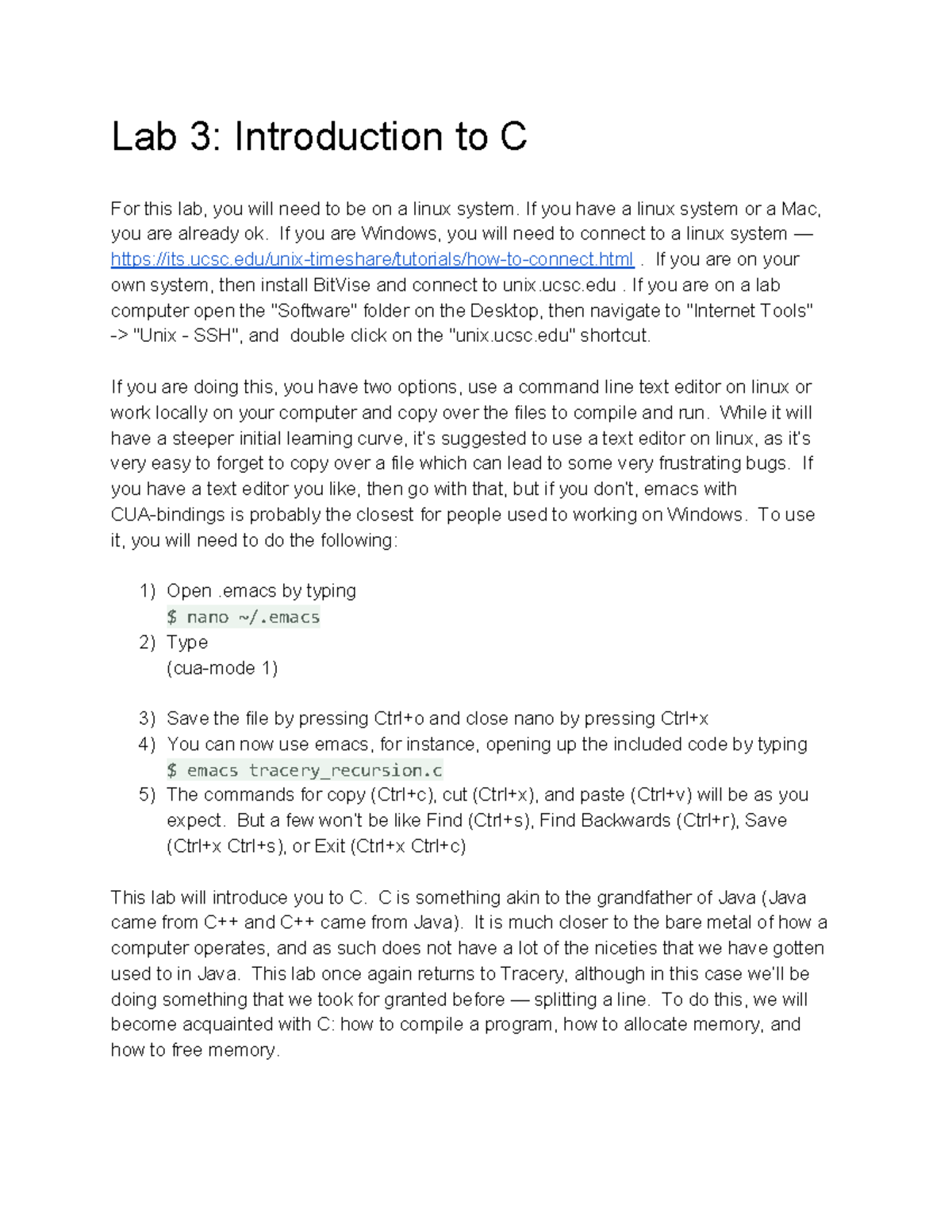 CMPS 12B-02 Lab 3 Introduction to C - Lab 3: Introduction to C For this ...