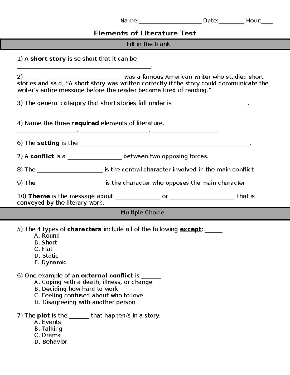 Elements of Literature Assessment: Test on Short Stories and Their ...