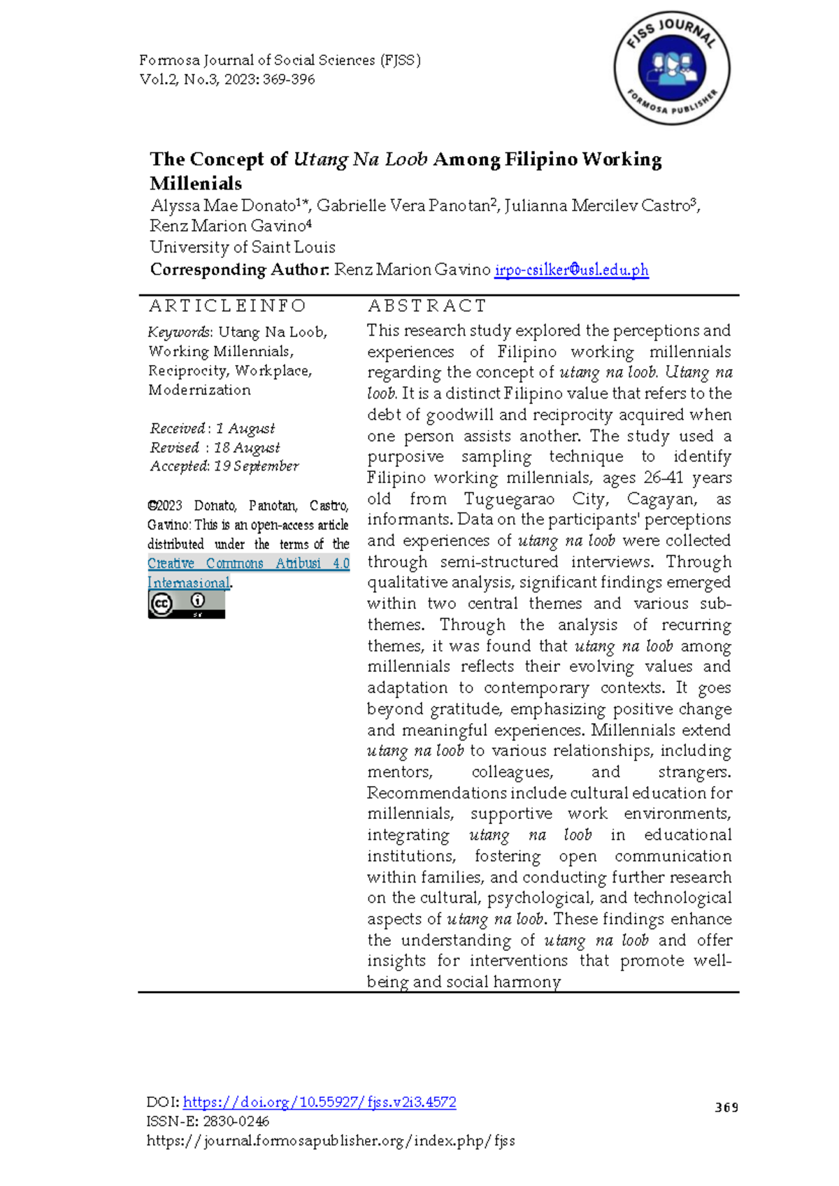 The Concept of Utang Na Loob Among Filipino Working Millennials (369 ...