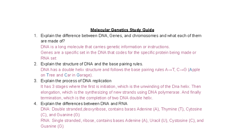 Molecular Genetics Study Guide - Key Concepts & Processes - Studocu