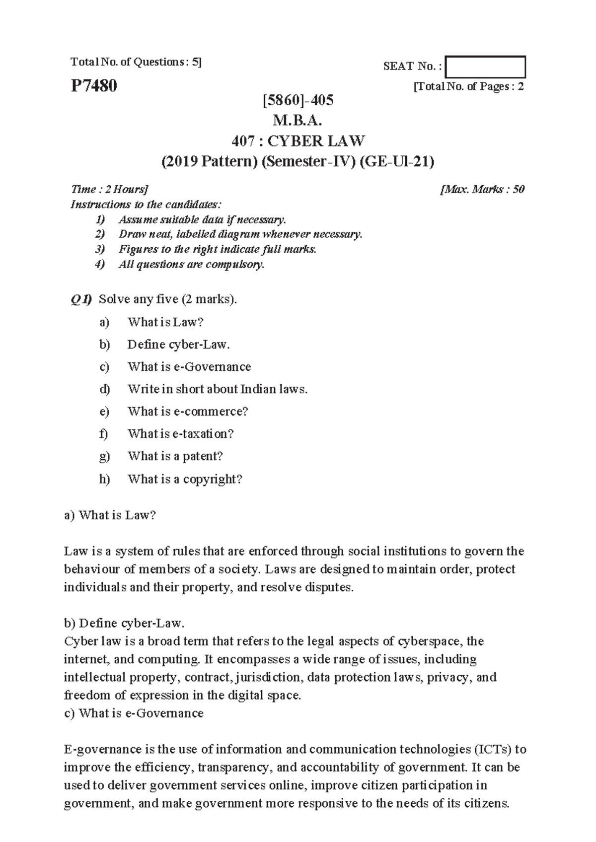 M.B.A. 407: Cyber Law - Solved Paper (2019 Pattern) - Studocu
