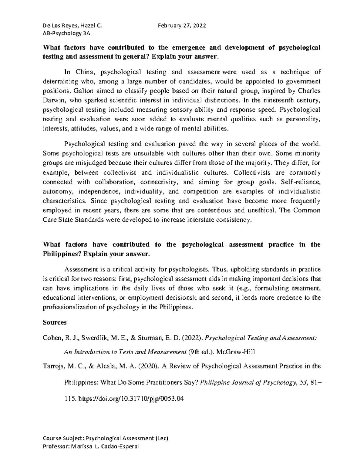 Chapter 2. Activity (Psychassess Lec) - De Los Reyes, Hazel C. February ...