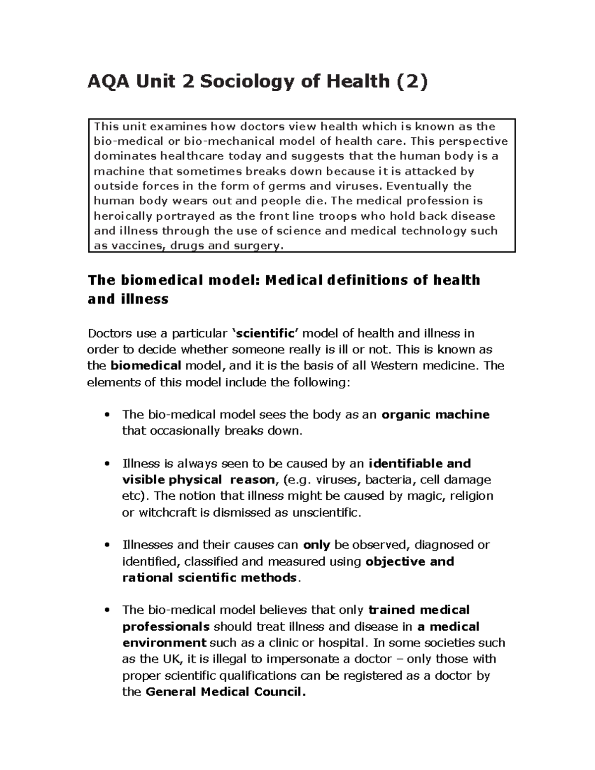 AQA Unit 2: The Biomedical Model of Health - An Overview and Critique ...