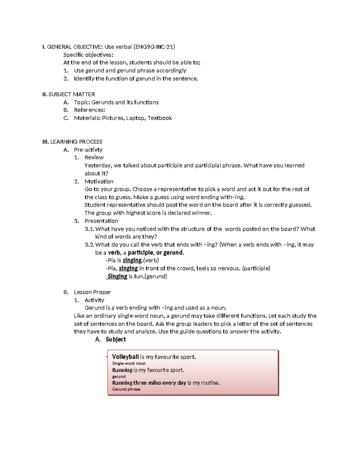 COT, Teaching Gerund - Class Observation Lesson Plan - Studocu