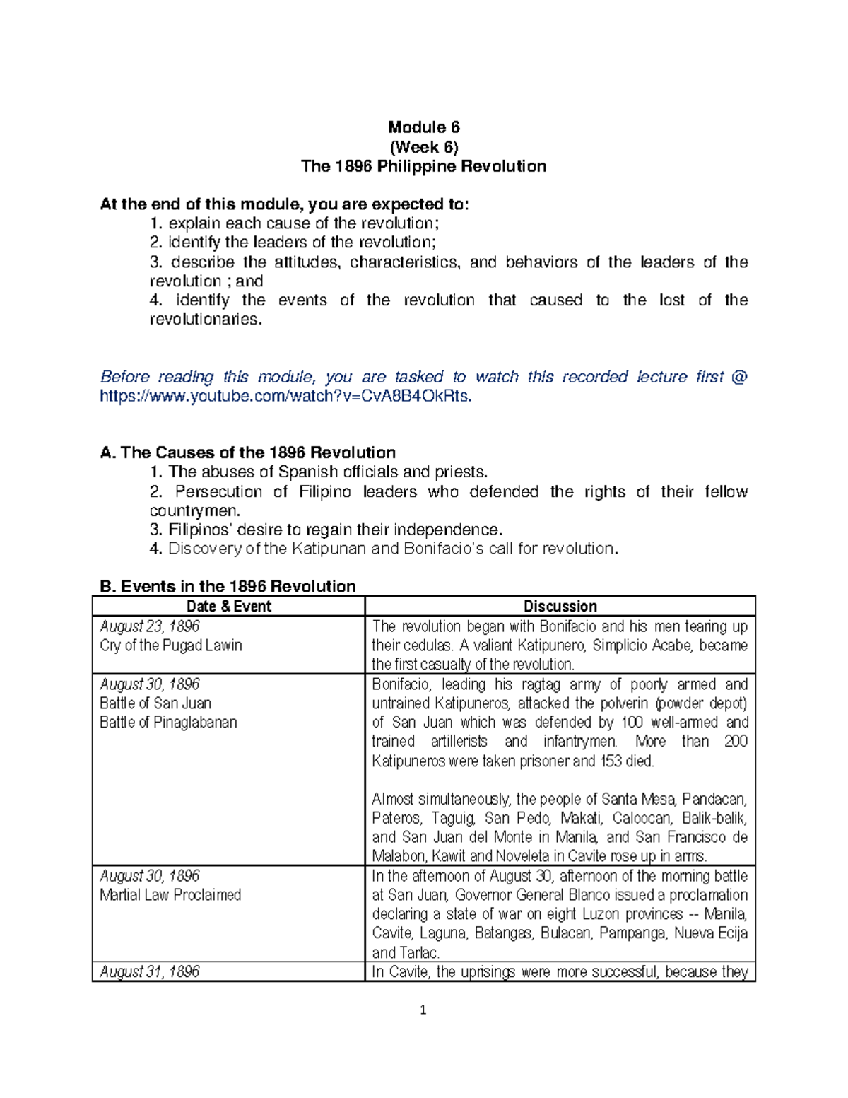Module 6: Overview of the 1896 Philippine Revolution Events and Leaders ...