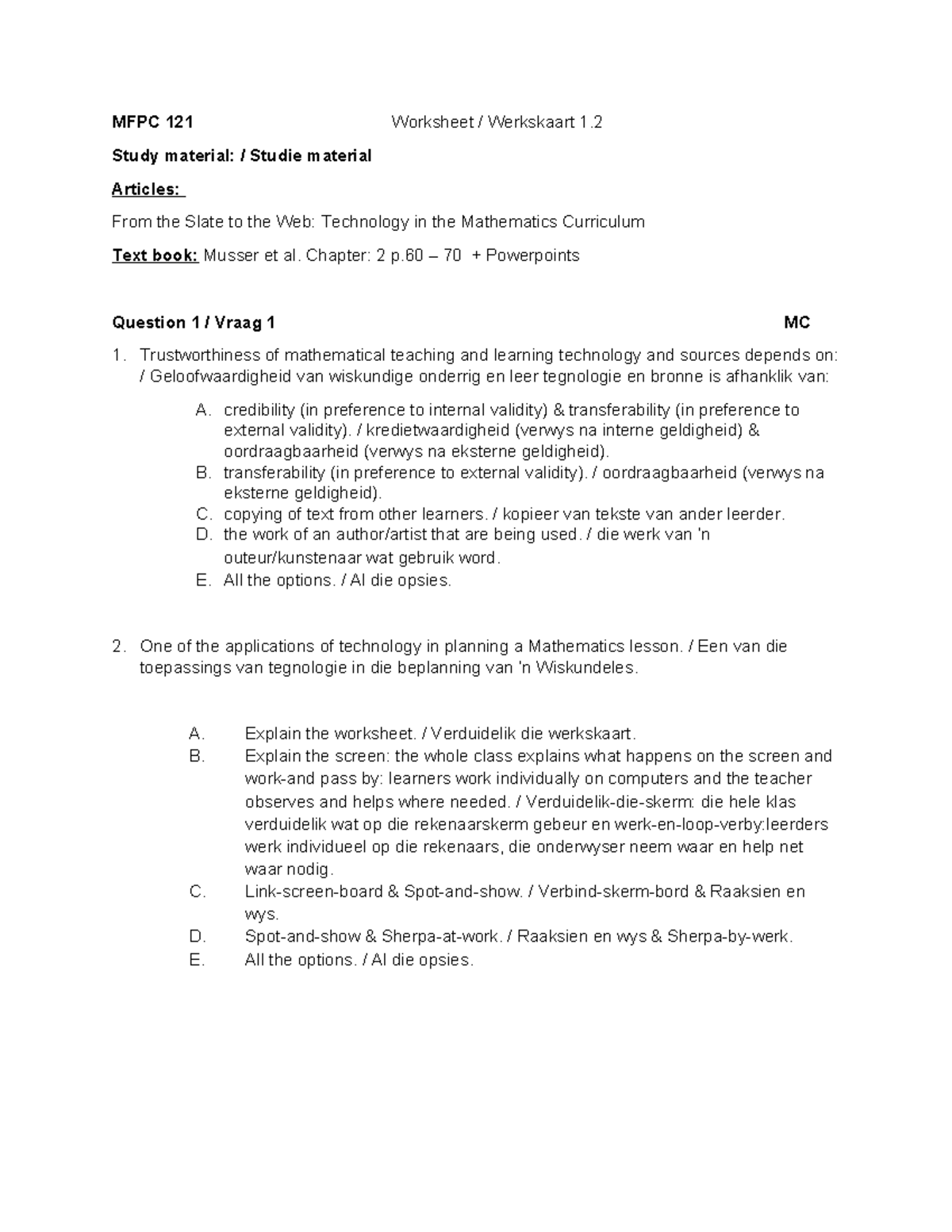 MFPC 121 Study Unit 1 Worksheet: Technology in Mathematics Education ...
