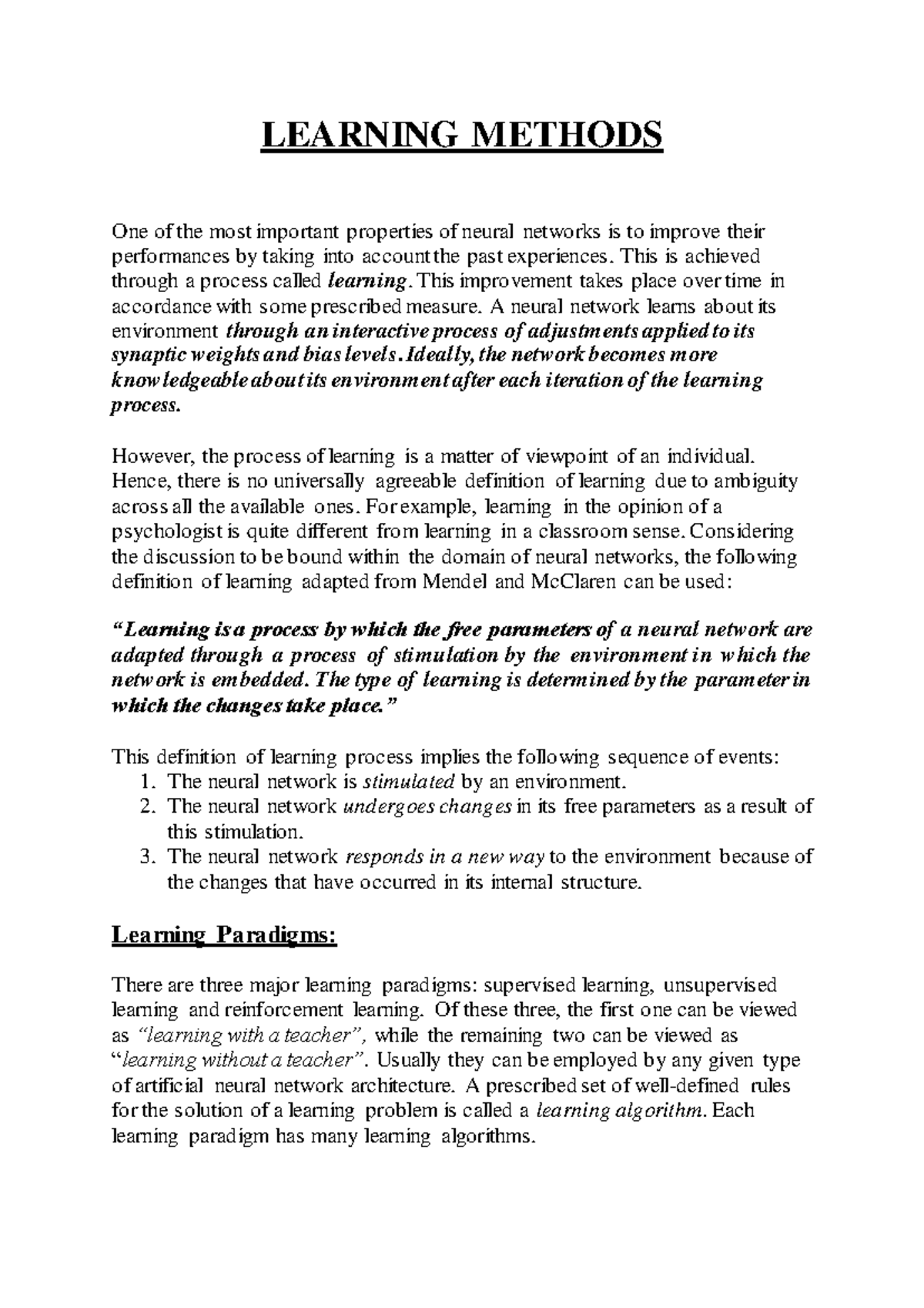 LEARNING METHODS IN NEURAL NETWORKS: A COMPREHENSIVE GUIDE - Studocu