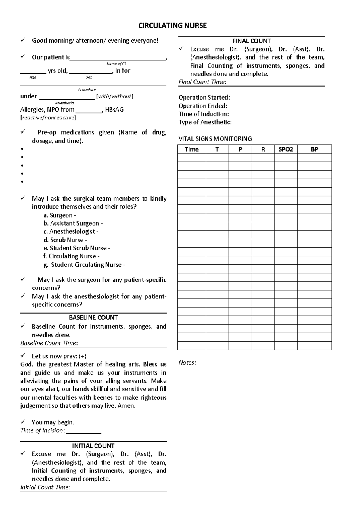 CIRCULATING NURSE: OR Duty Circu-Script for Final Count - Studocu