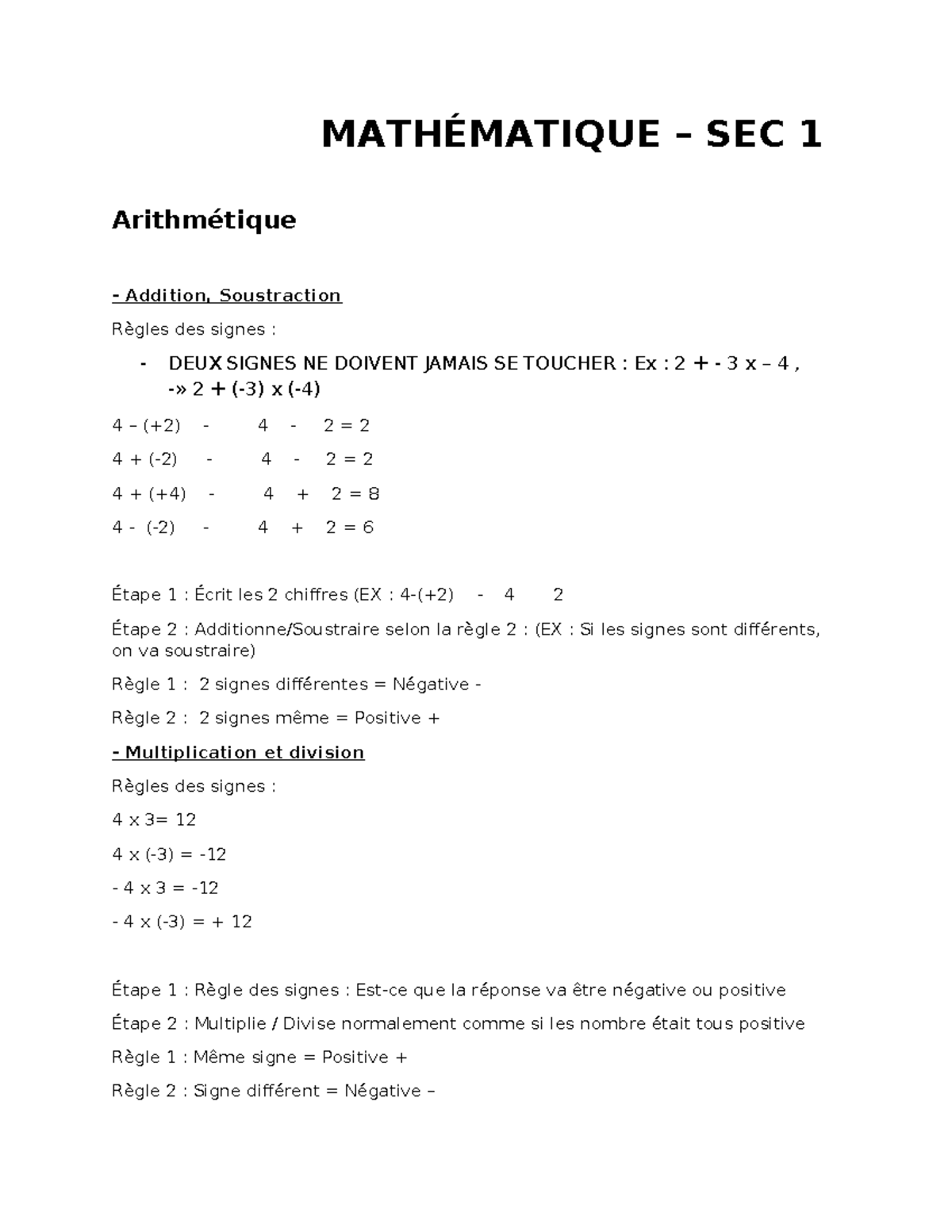 Mathématiques - SEC 1 : Notes sur Arithmétique et Algèbre - Studocu