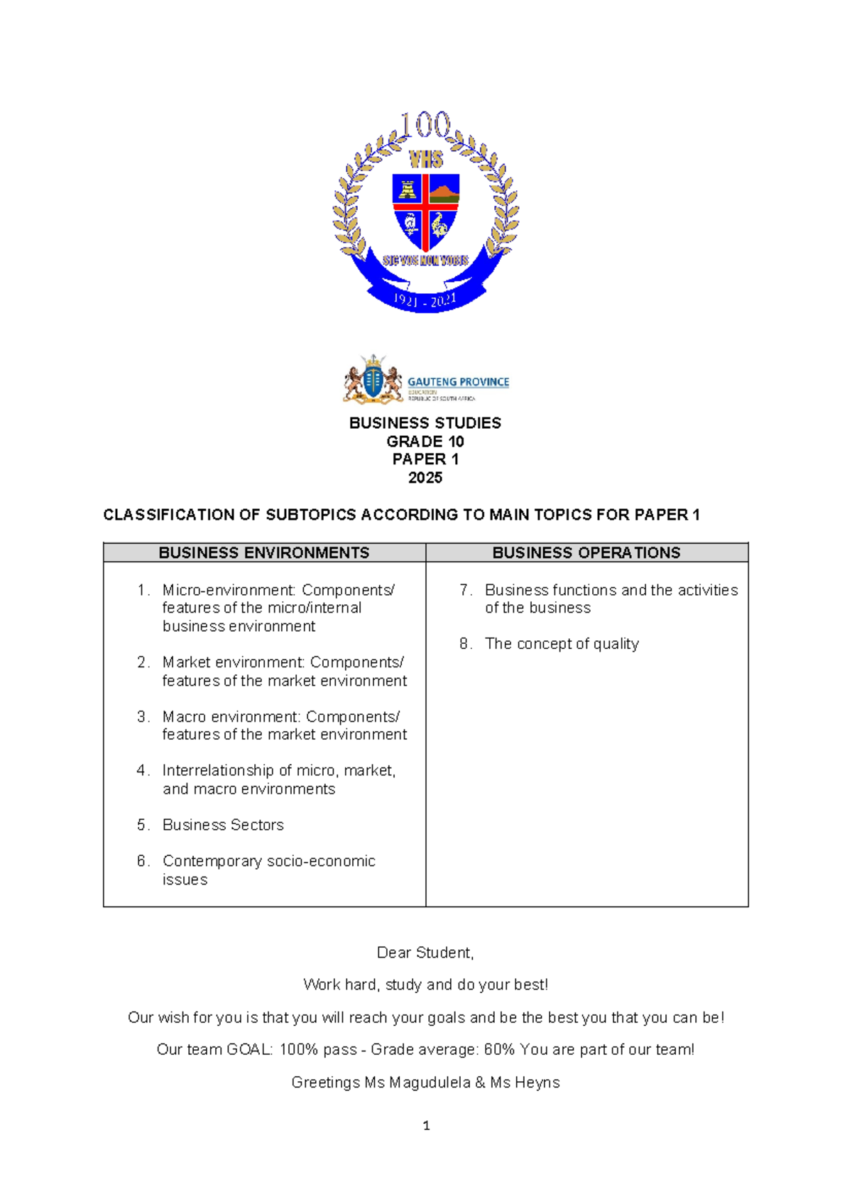 Grade 10 Business Studies - Paper 1 Notes and Key Concepts - Studocu