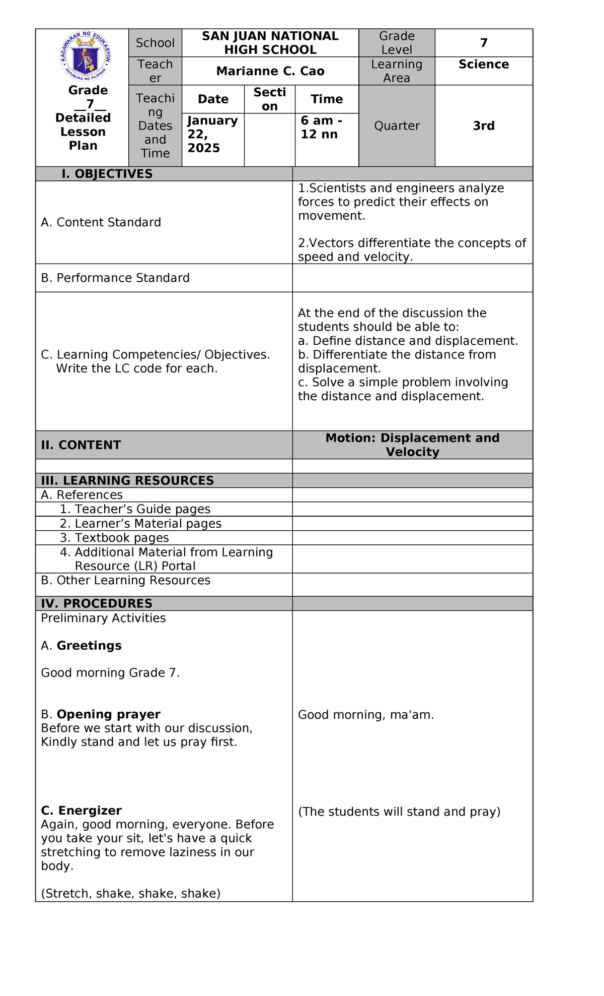 Marianne DLP7 - science subject dlp - Grade __ 7 __ Detailed Lesson ...