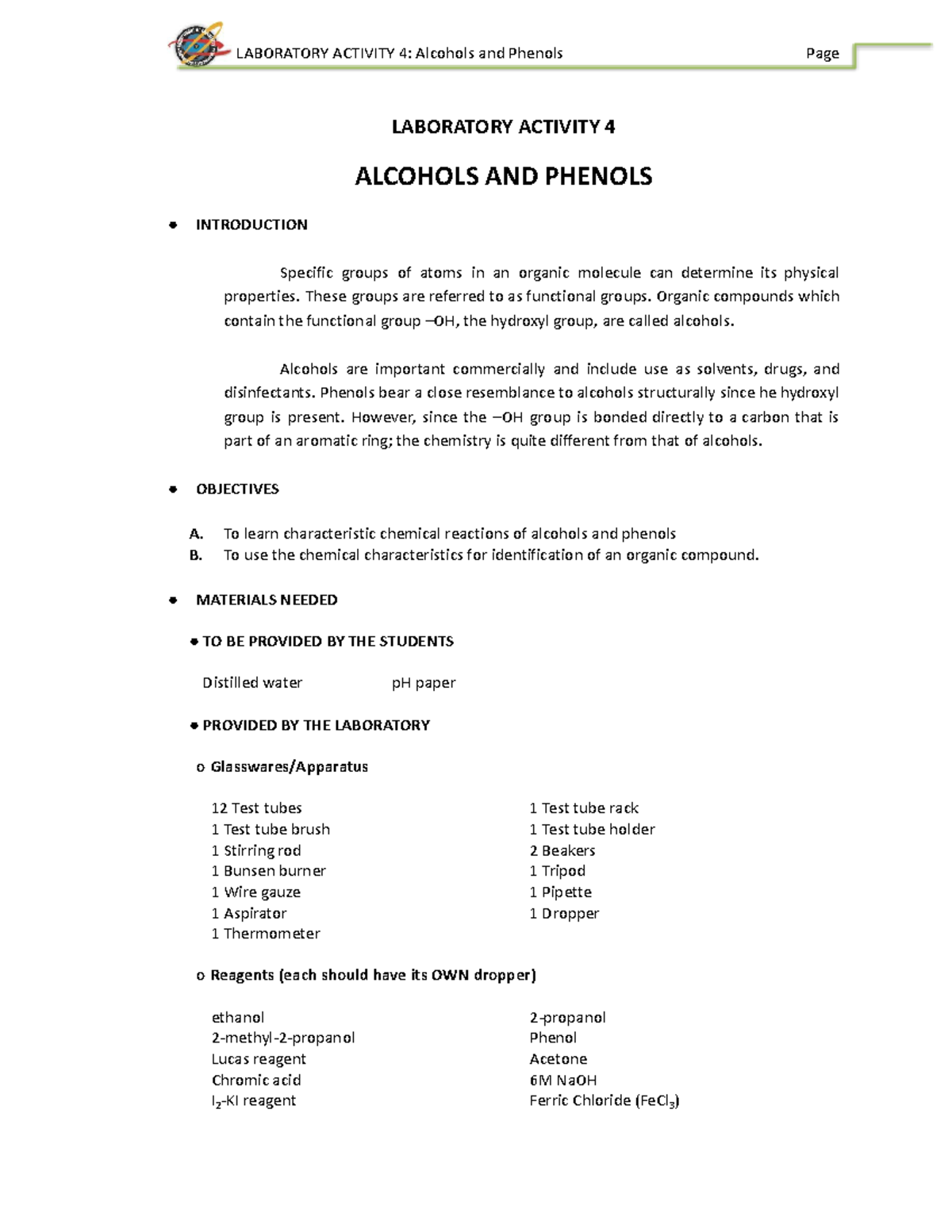 Lab Activity 4 - Alcohols and Phenols - LABORATORY ACTIVITY 4: Alcohols ...